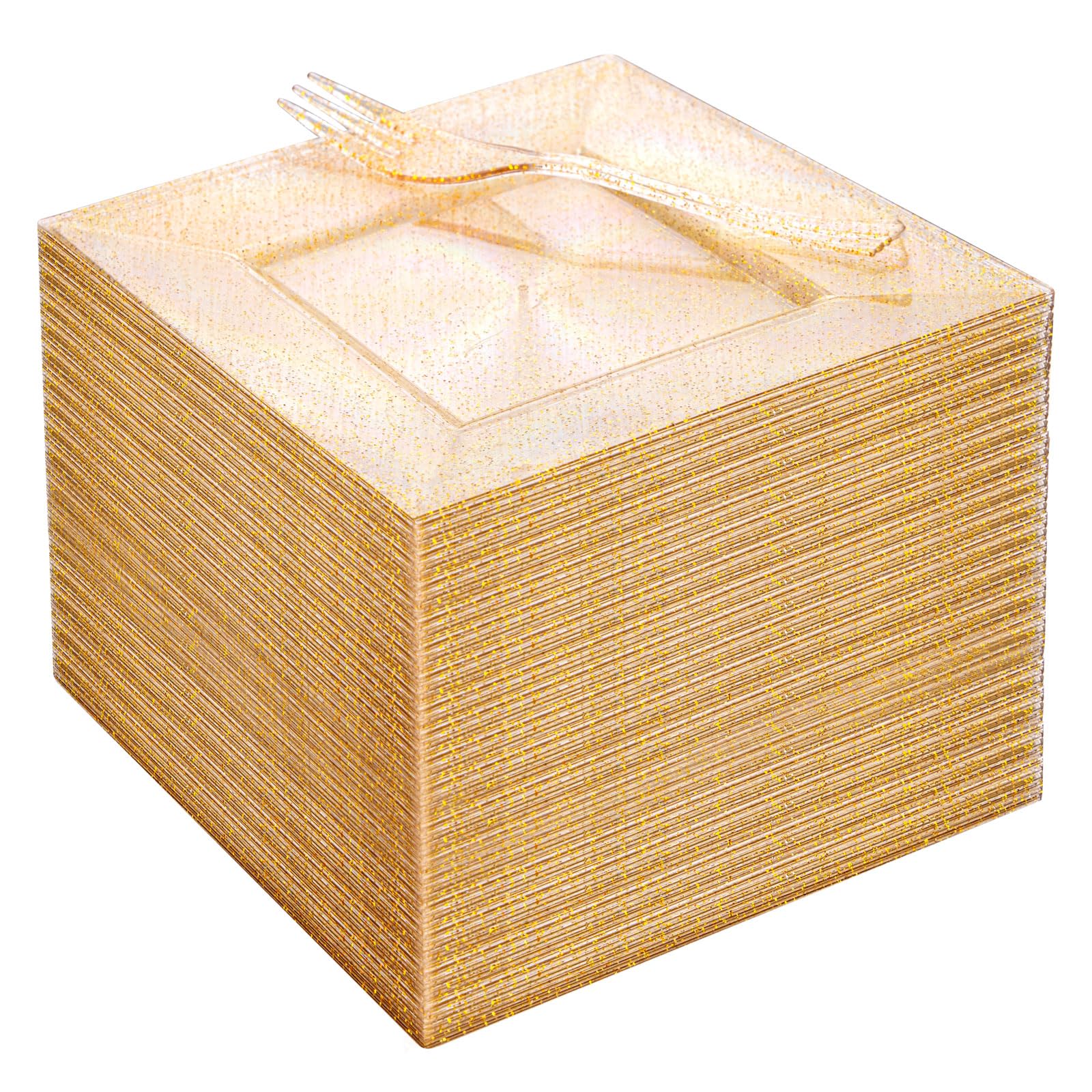 DaYammi 100 Pcs Gold Glitter Dessert Plates 6" with Plastic Forks 5.7 ...