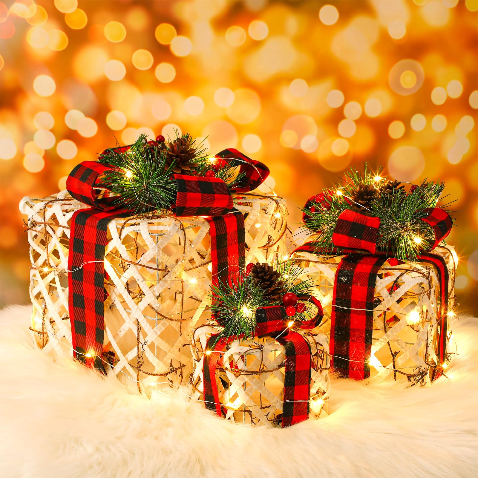 3 Set Christmas Lighted Gift Boxes Decorations 16.4 ft LED Strings ...