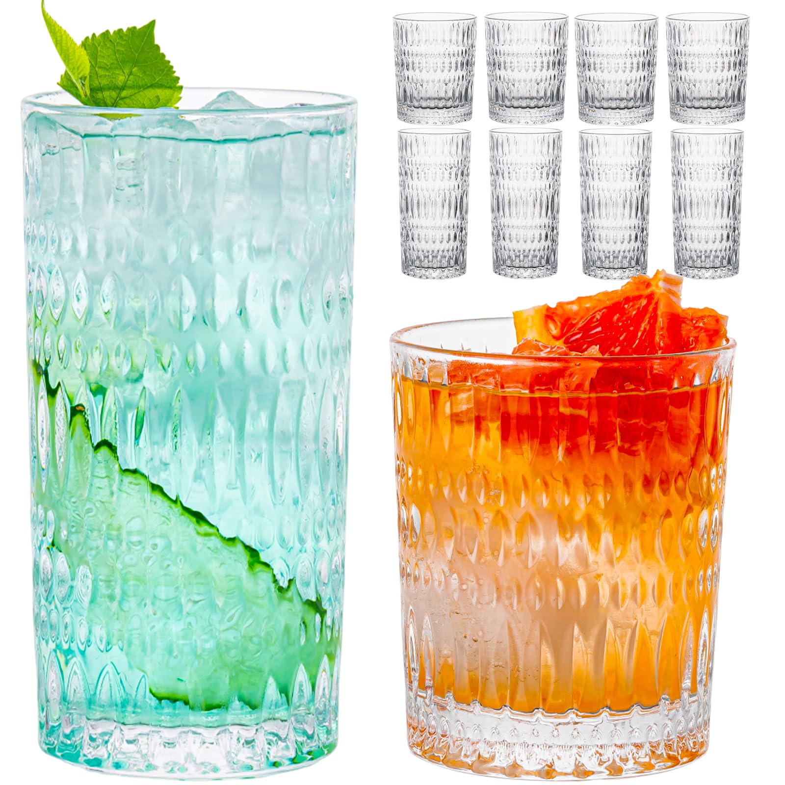 wookgreat Drinking Glasses, 8 Piece Crystal Glass Cups, Mixed Glassware ...