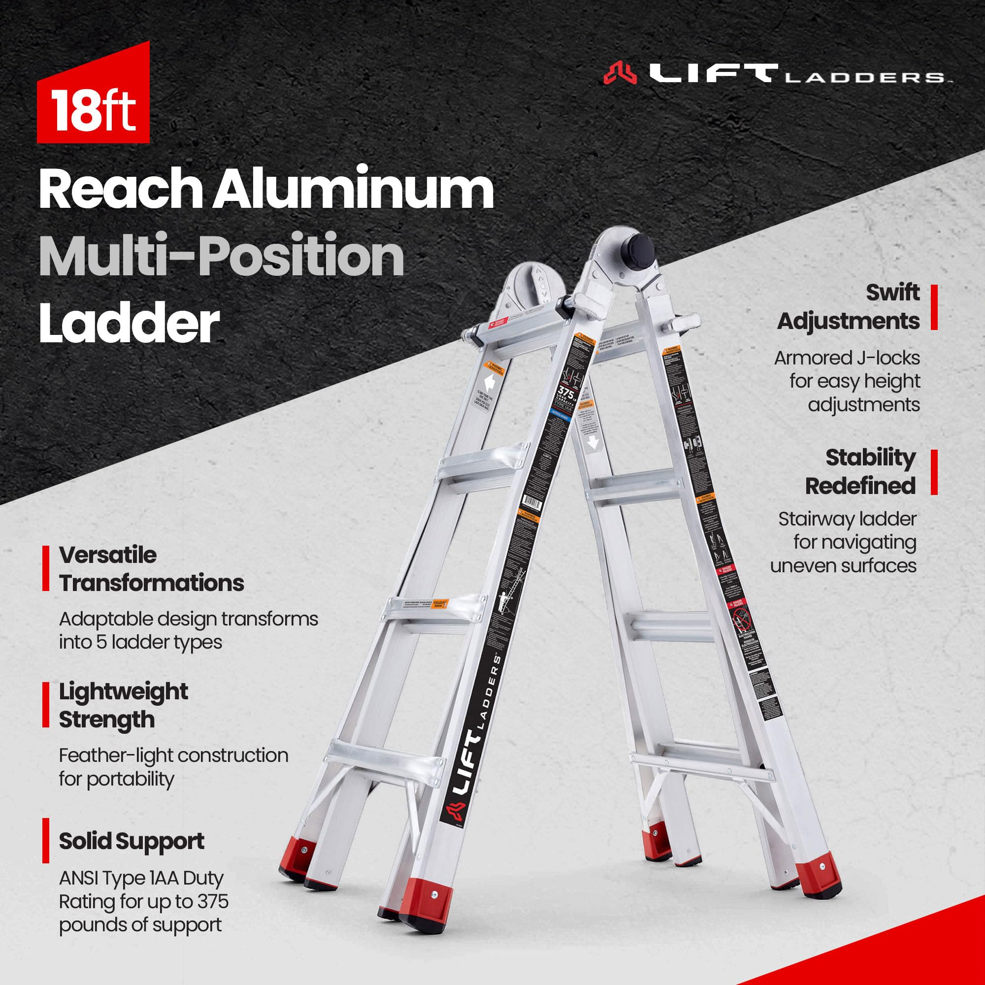 Lift Ladders Aluminum Step Ladder, 5-in-1 Multi-Position Frame, 18 Ft ...