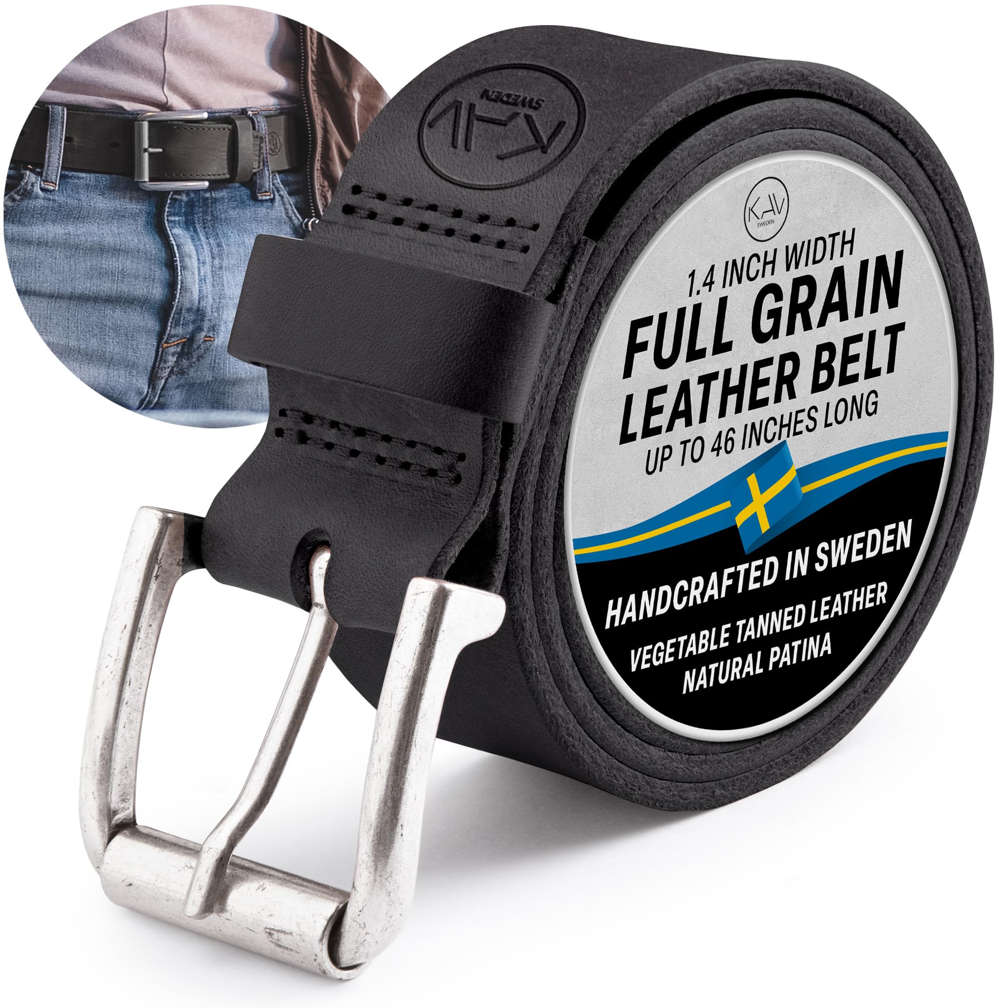 KAV SWEDEN Calister Belt for Men - Handmade Leather Belt - 1.57” Wide ...