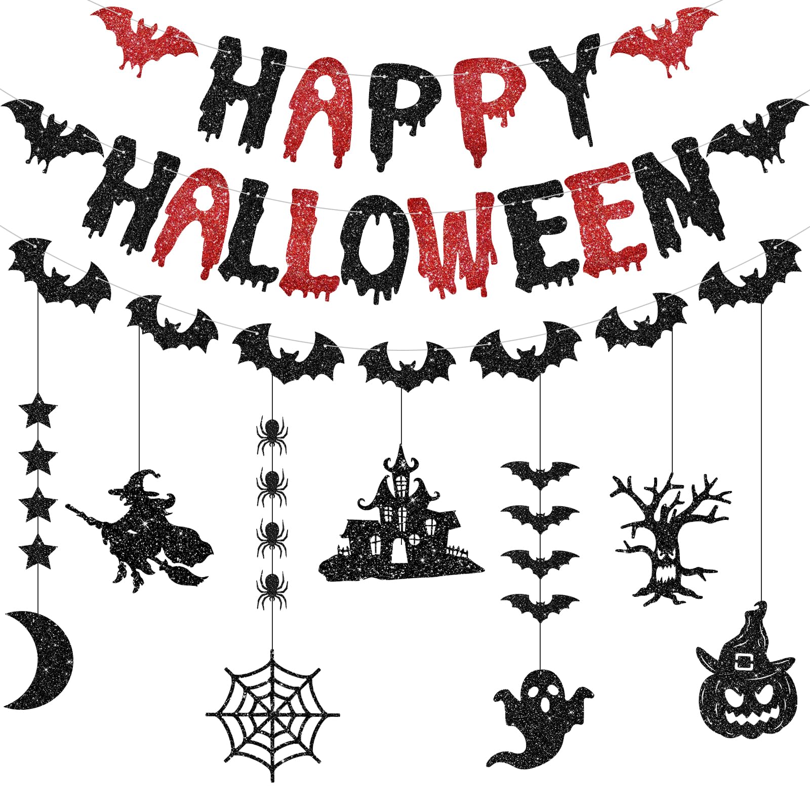 PatiCool Happy Halloween Banner Glitter Pre-Strung | Black and Red ...