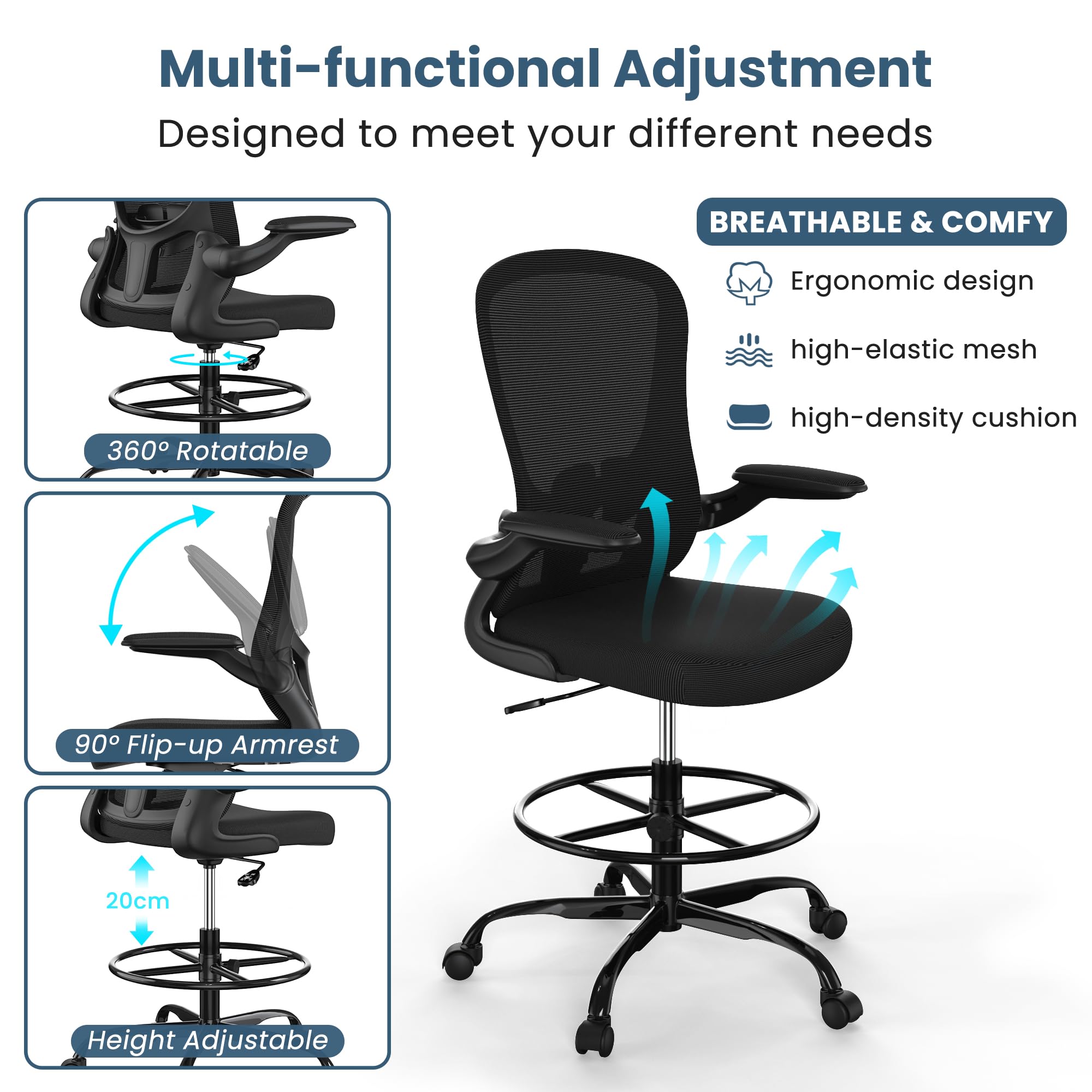 Mua Drafting Chair, Tall Office Chair with Flip-up Armrests Executive Ergonomic Computer ...