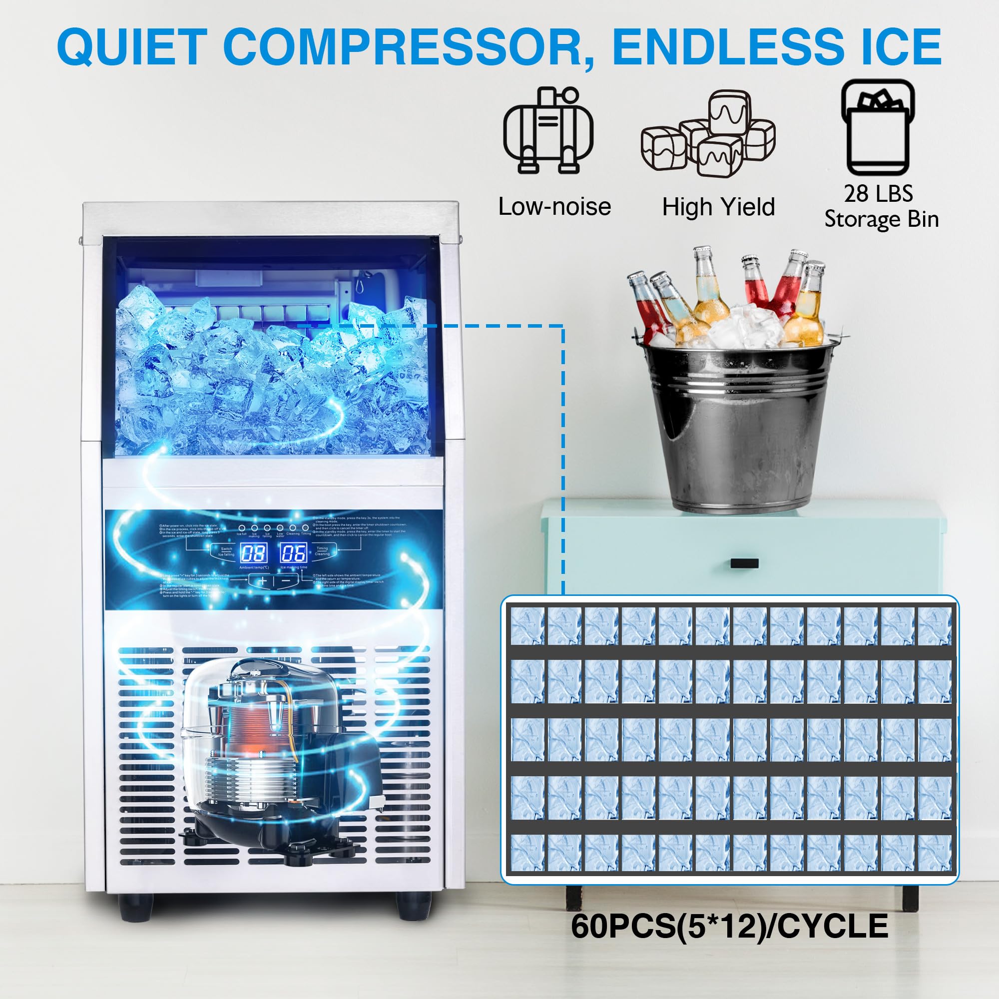 Zomagas Ice Maker, Commercial Ice Maker Machine 120-130LBS/24H With ...