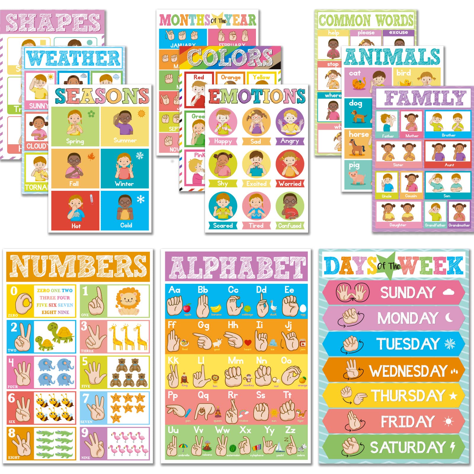 Mua Set of 12 ASL Posters ABC Sign Language Flash Cards American Sign ...