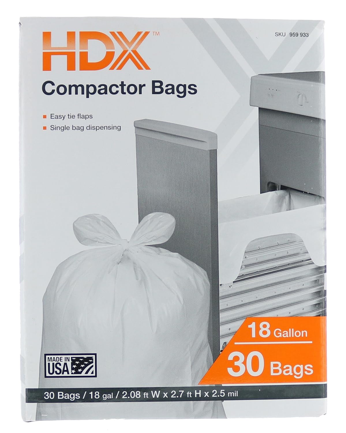 HDX 959933 18 Gallon 2.5 Mil Trash Compactor Bags w/ Tie Flaps (30 ...