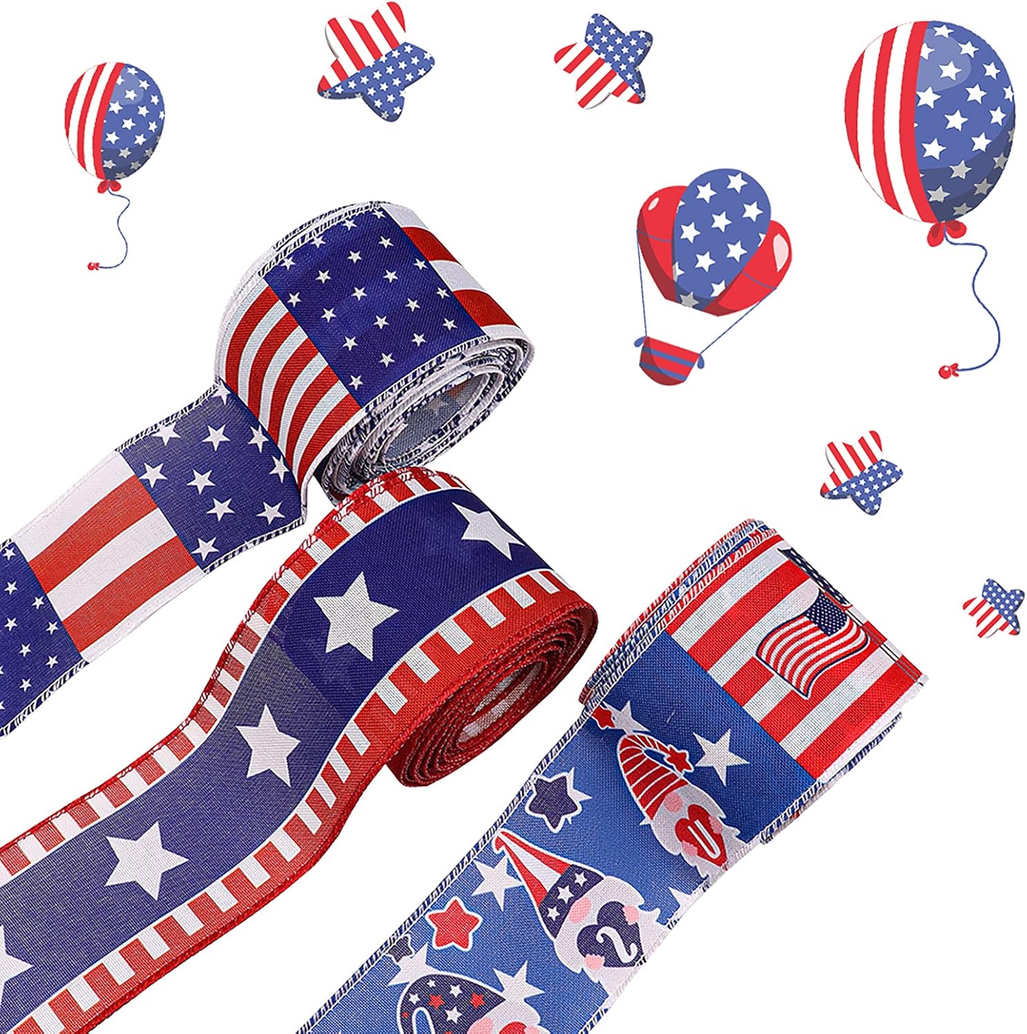 3 Rolls 2.5" 5 Yards 4th of July Themed Patriotic Ribbons Stars ...
