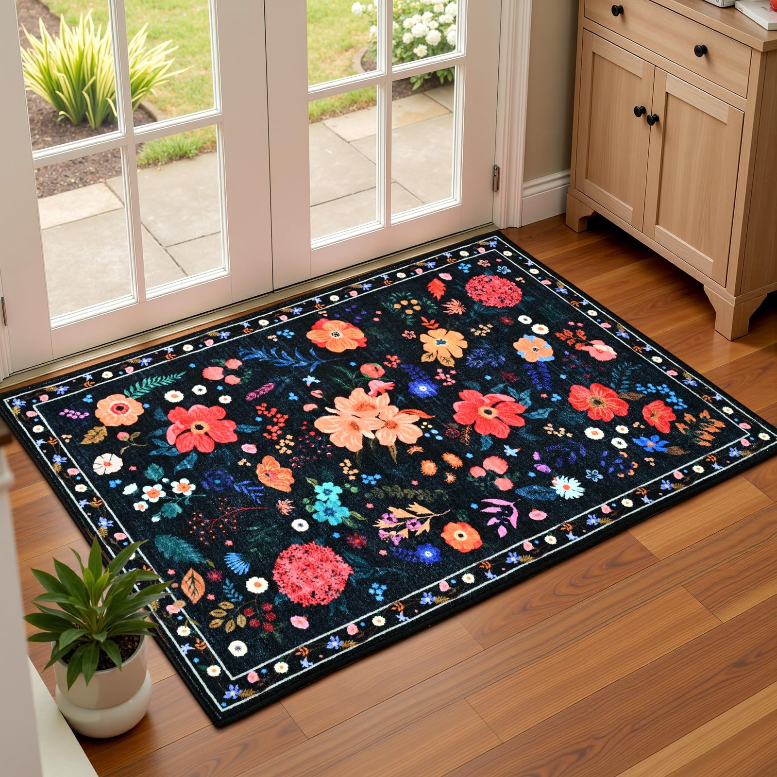 Terrug Floral Entryway Rug, 2x3 Black Rug Boho Washable Kitchen Throw ...