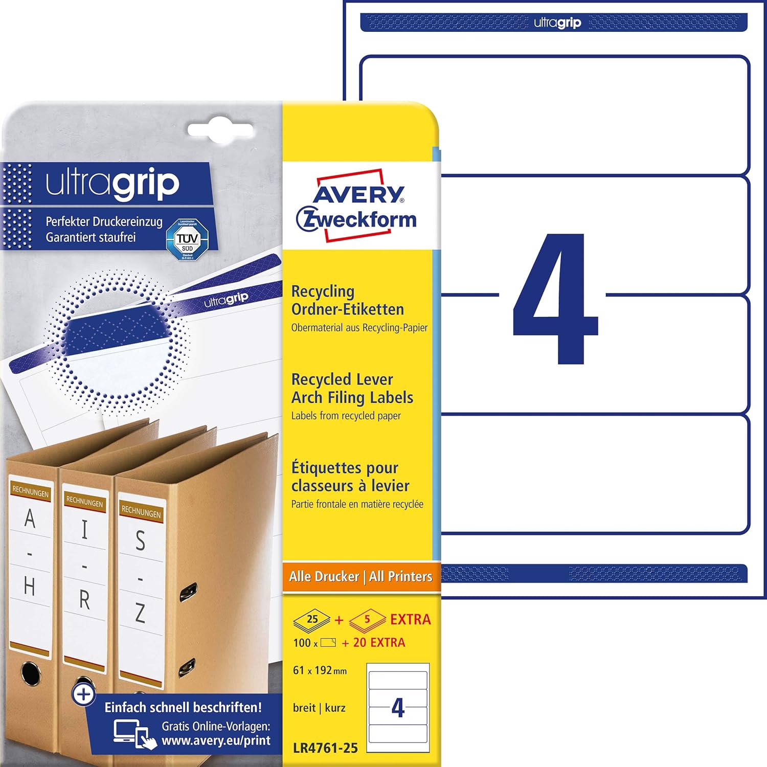 Avery Zweckform LR4761-25 Folder Labels Recycled 61 x 192 mm 25 Sheets ...