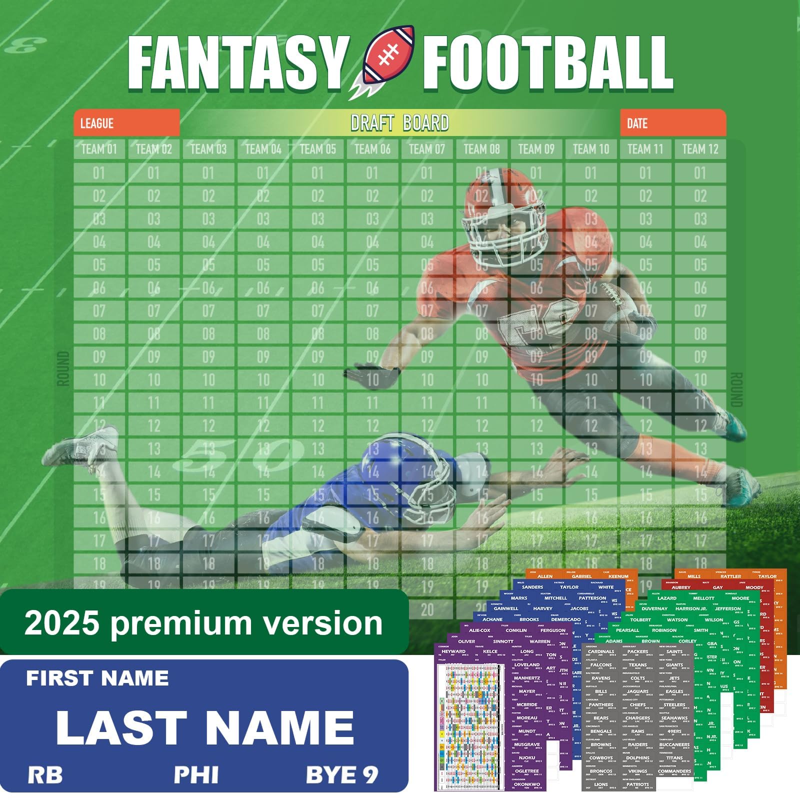 Happy Aplenty Fantasy Football Draft Board 2025 2026 Kit Up to 12 Teams 20 Rounds, 500+ Player ...
