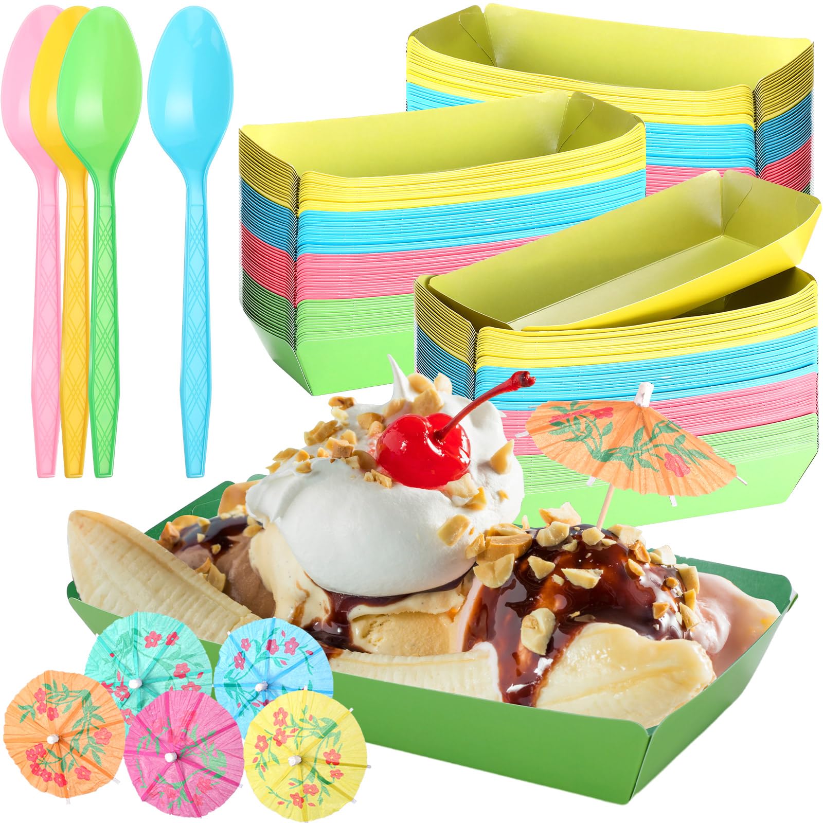 FoldTier 60 Set Colorful Food Trays Boat Paper Disposable Banana Split ...