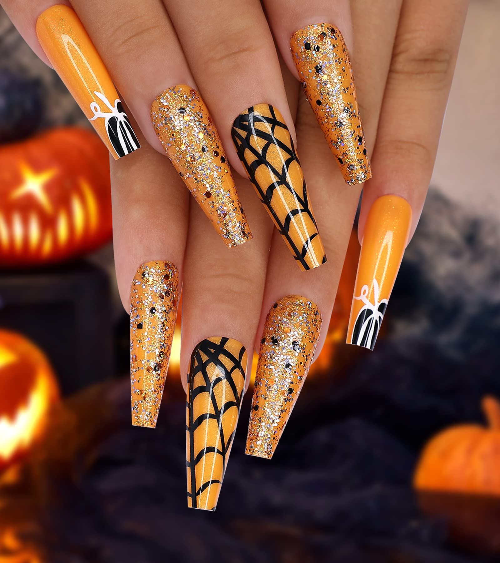 Morily 24Pcs Halloween Press on Nails Orange Long Coffin Stick on Nails ...