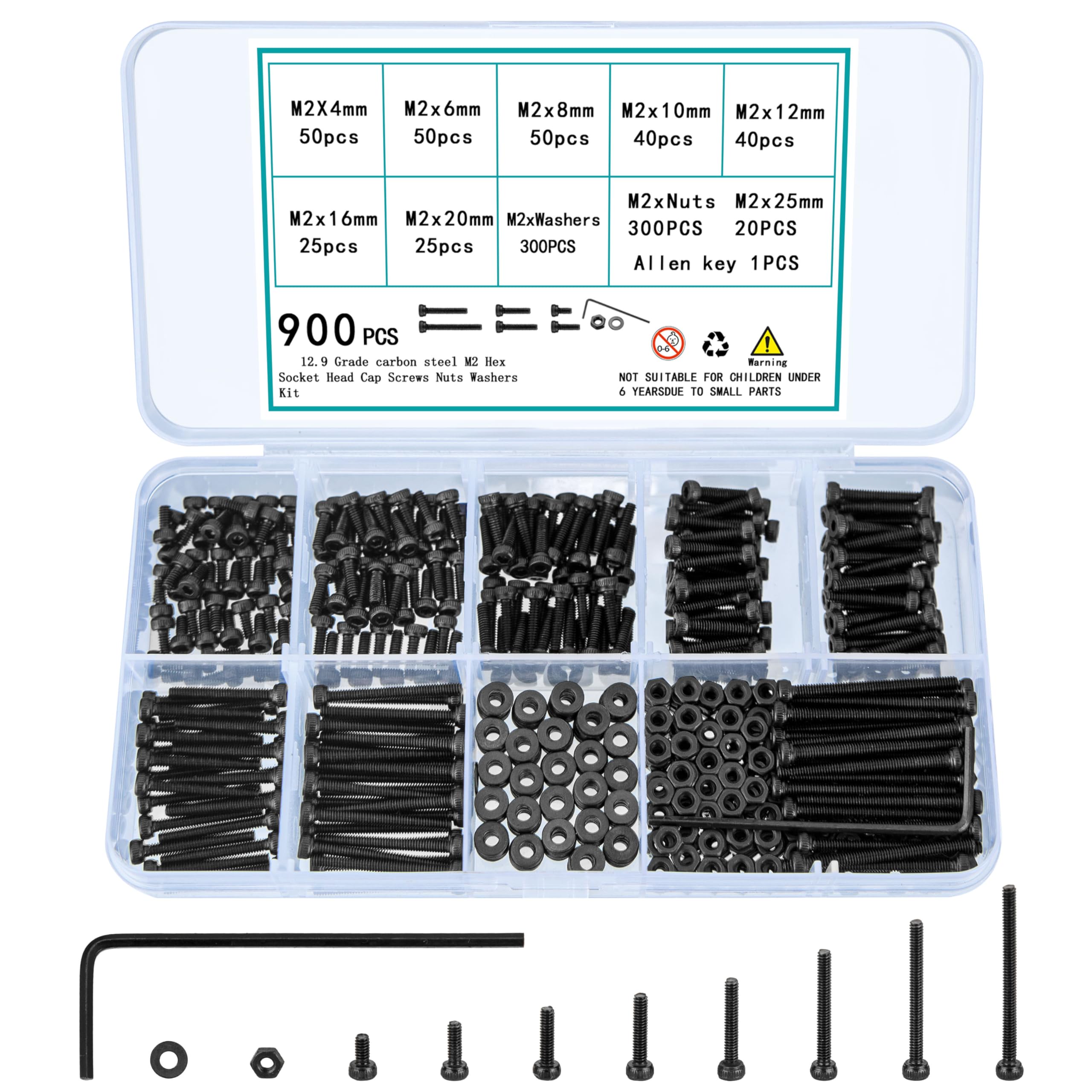 TOOINKCV 900 Pcs M2 Screws Bolts and Nuts Assortment Kit, Small Hex Socket Head Cap Screws Nuts ...