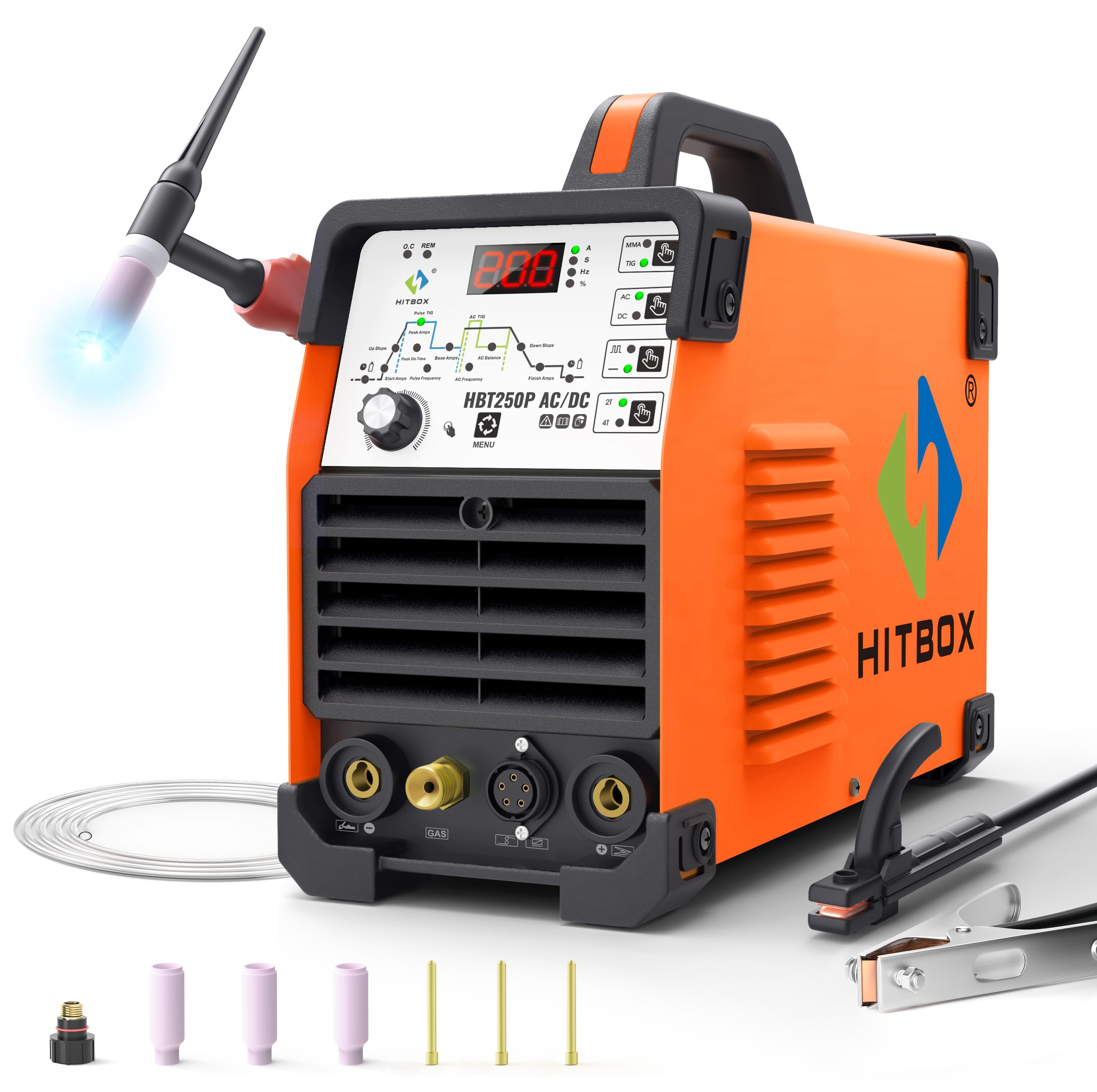 HITBOX TIG Welder AC/DC with Pulse, 200A Professional Aluminum Welding Machine with Square Wave ...