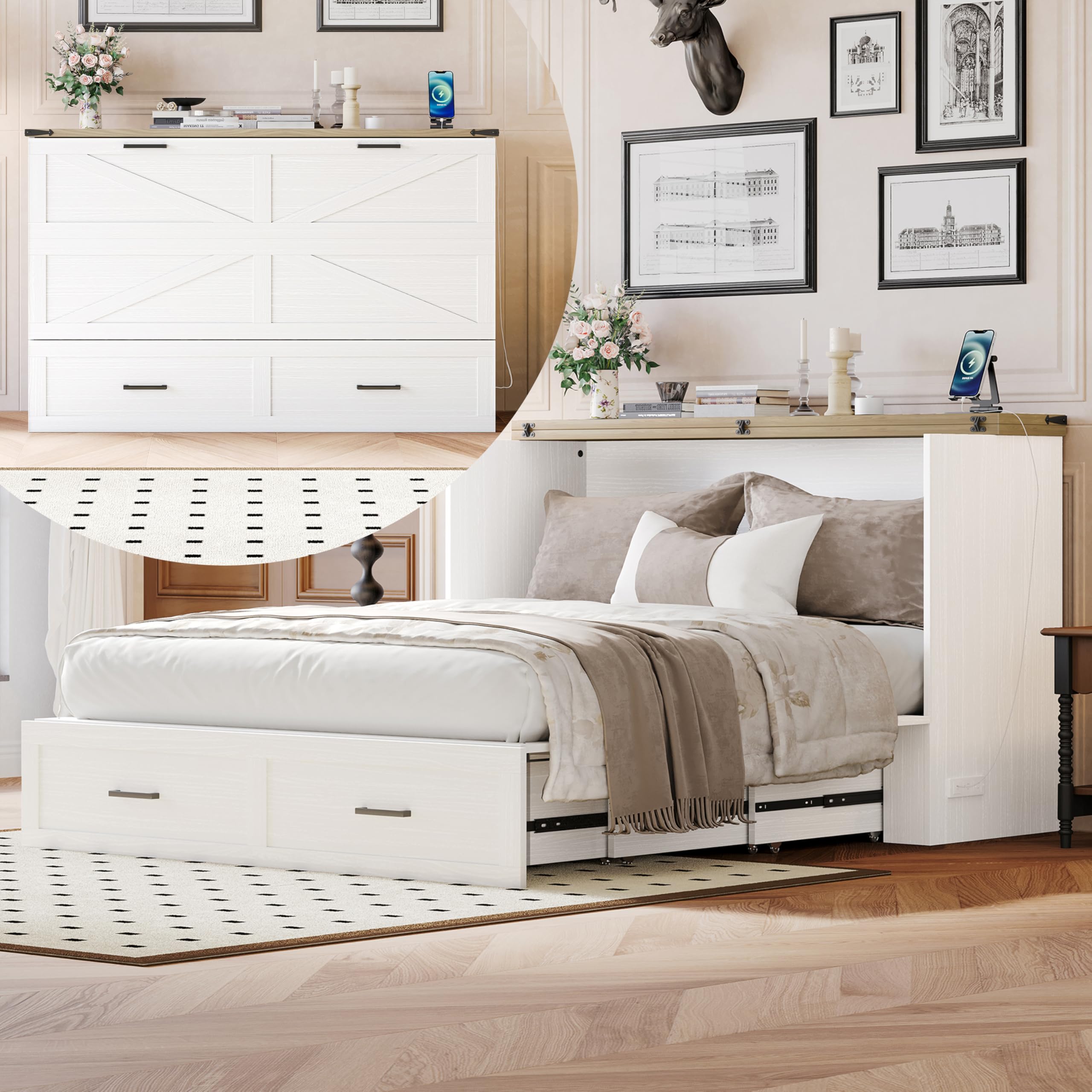 Merax Modern Farmhouse Solid Wood Murphy Cabinet Bed with Charging ...
