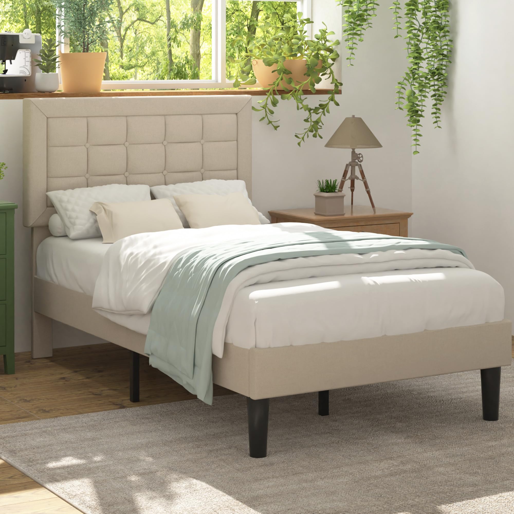 VECELO Twin Size Bed Frame with Adjustable Headboard, Upholstered ...
