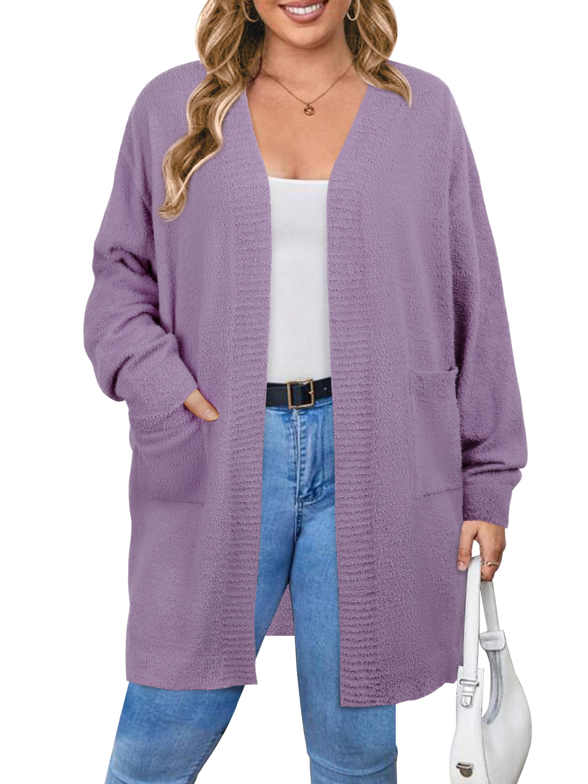 Women's 2023 Fall Casual Open Front Fuzzy Popcorn Batwing Sleeve Side ...