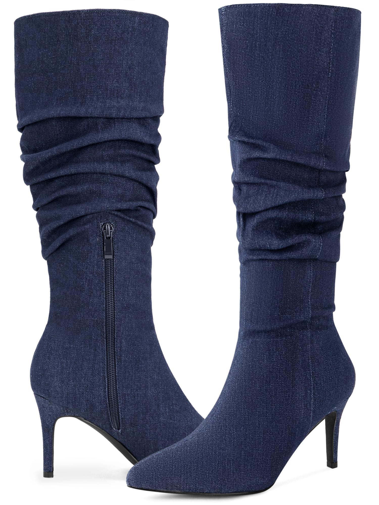 Allegra K Women's Denim Boots Slouched Stiletto Heels Dark Blue Denim ...