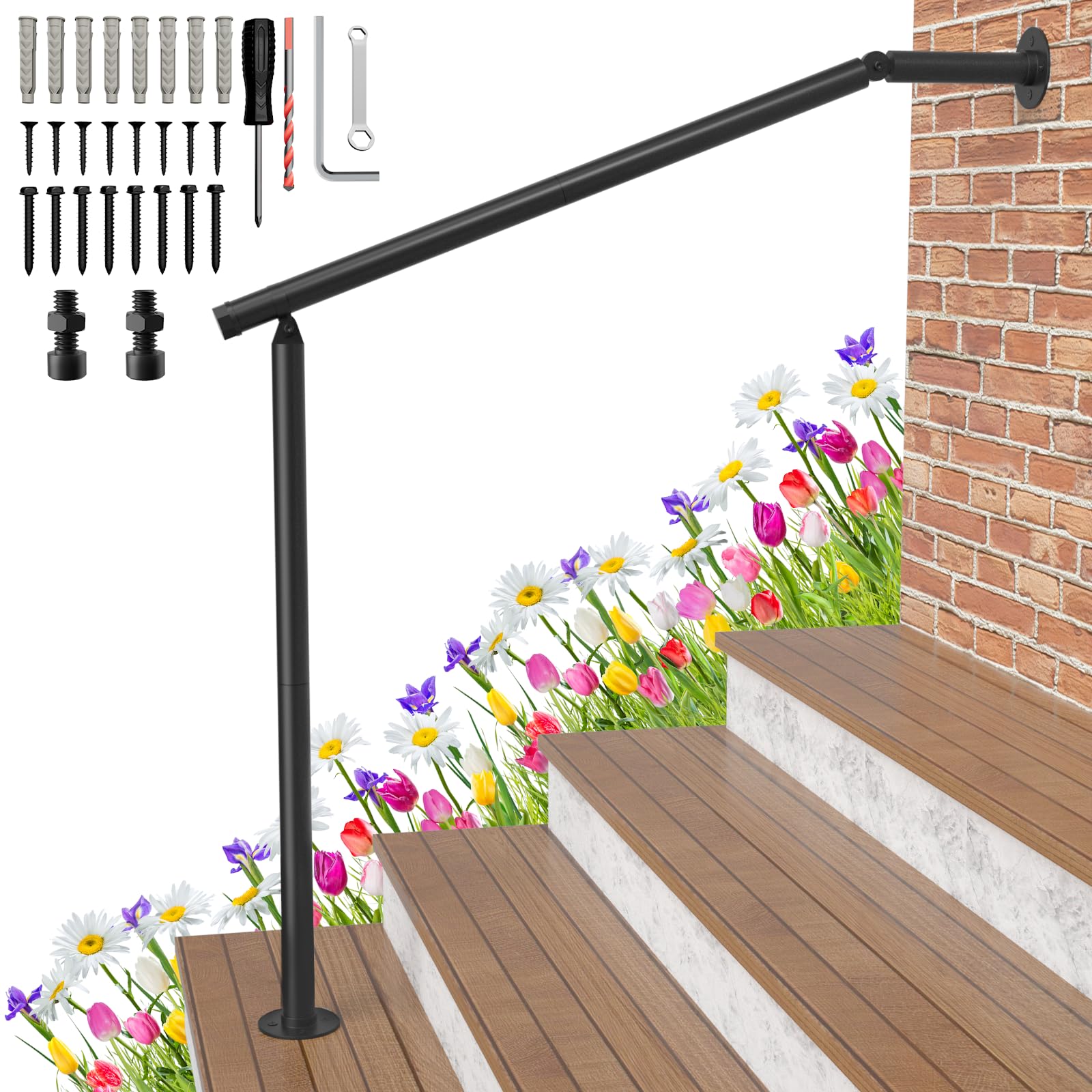 Hand Rails for Outdoor Steps 2-3 Step Deck Railing Kit Wall Floor Mounted Wrought Iron Handrails ...