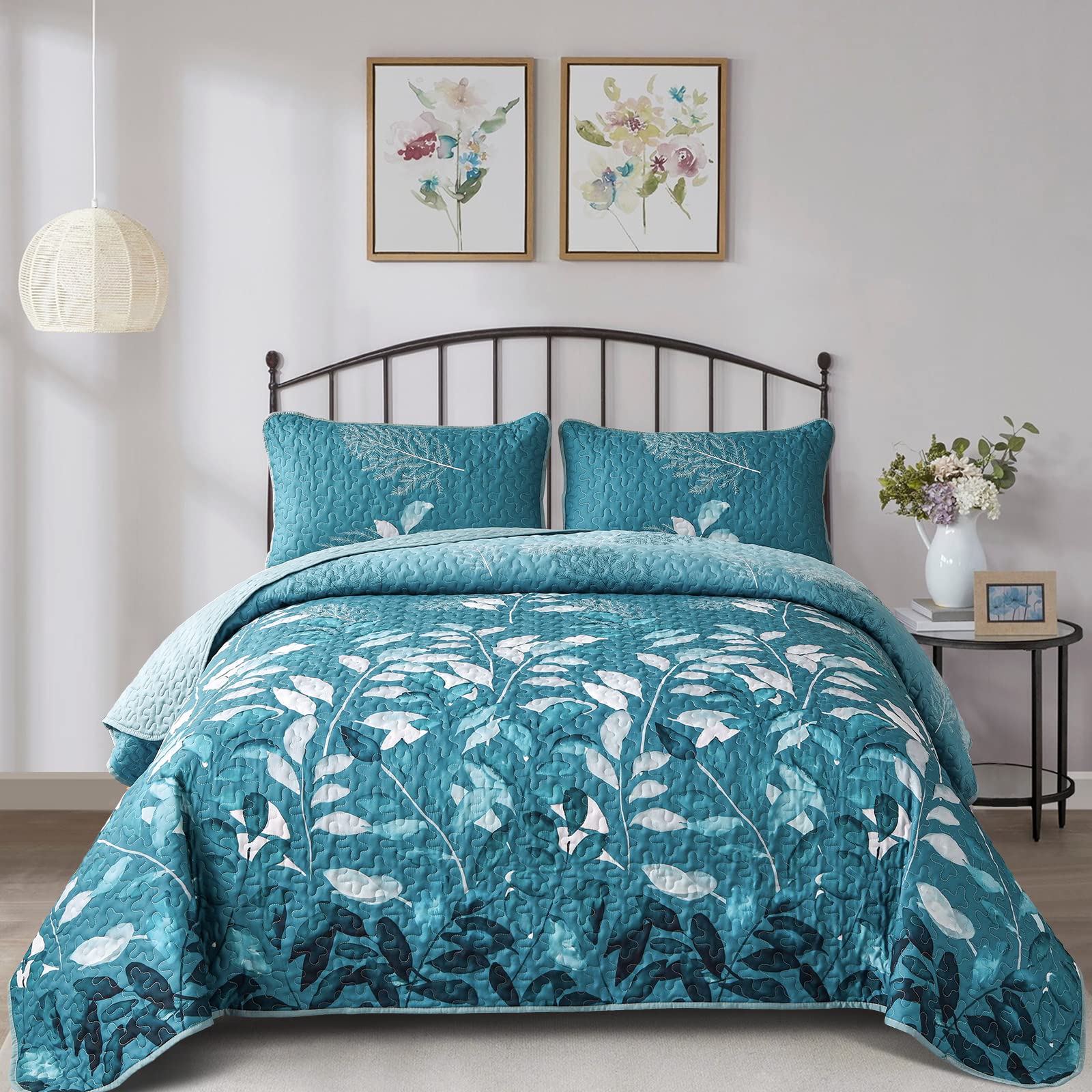 WONGS BEDDING Quilt Set King Size, 3 Pieces Teal Floral Botanical ...