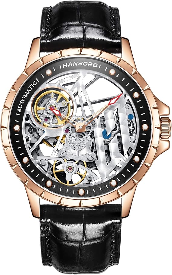 HANBORO Automatic Mechanical Skeleton Wrist Watch with Leather Strap ...
