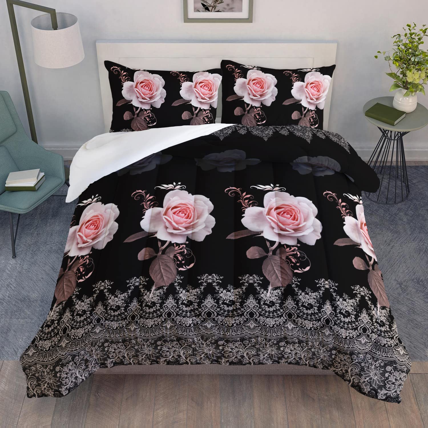 AILONEN 3D Oil Painting Pink Rose Comforter Set Queen Size, 3D Rose ...