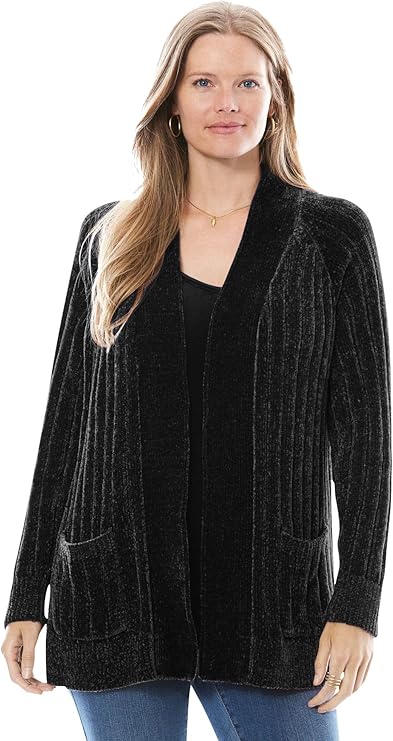 Women's Plus Size Open Front Chenille Cardigan Sweater-Black (3035)-30 ...