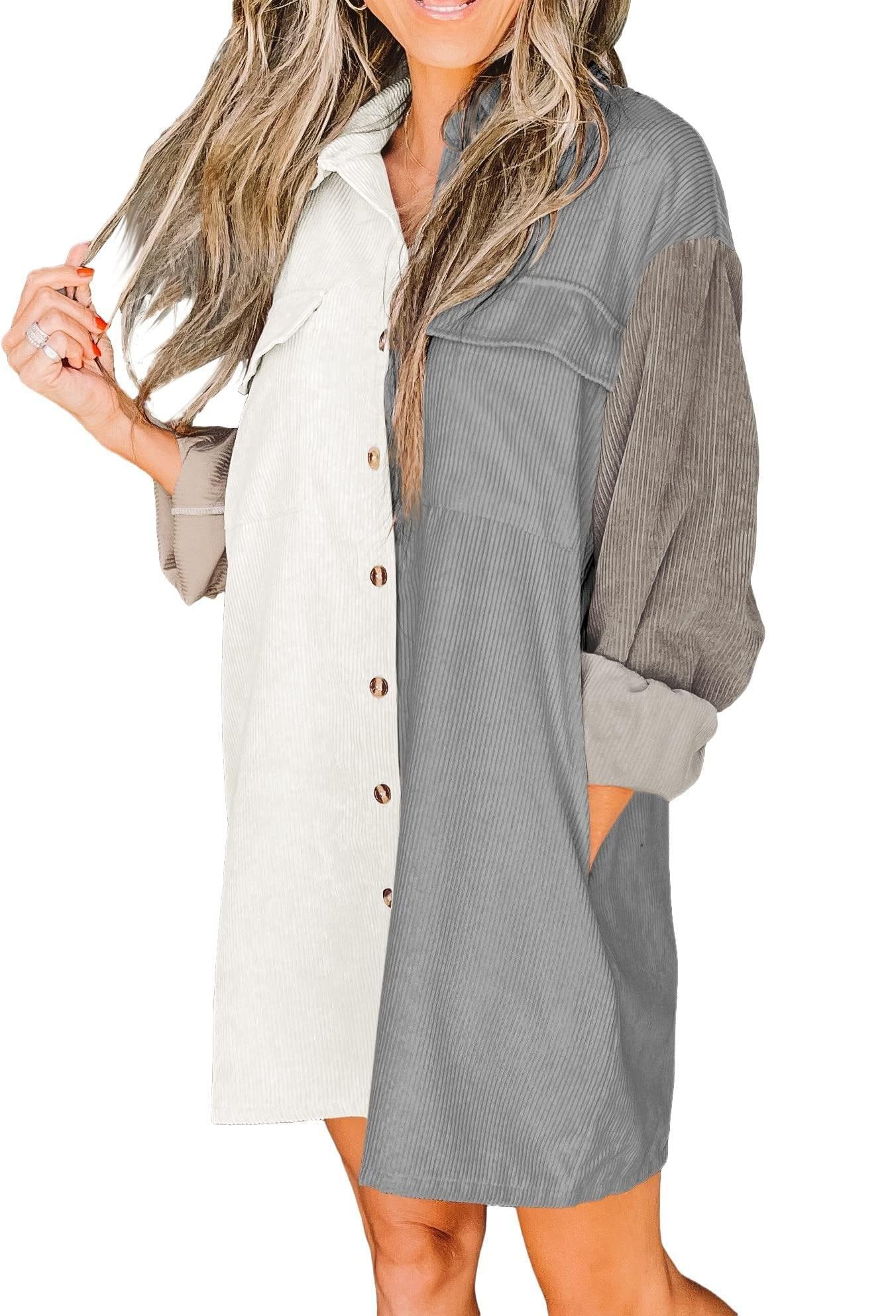 Shanfetl Womens Corduroy Shirt Dress Oversized Shacket Jacket Button ...