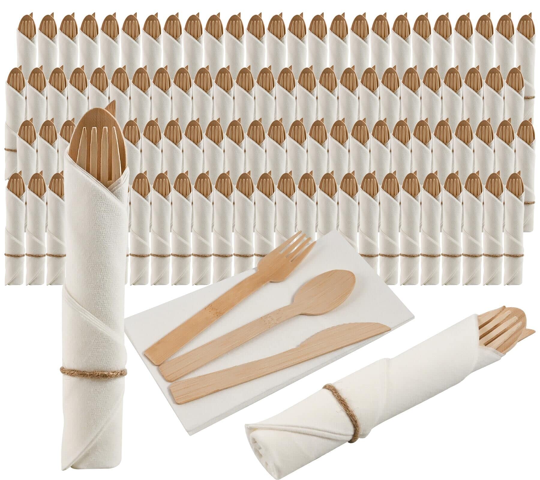 Pre Rolled Napkin and Bamboo Cutlery Set - 100Pack Bamboo Utensils ...