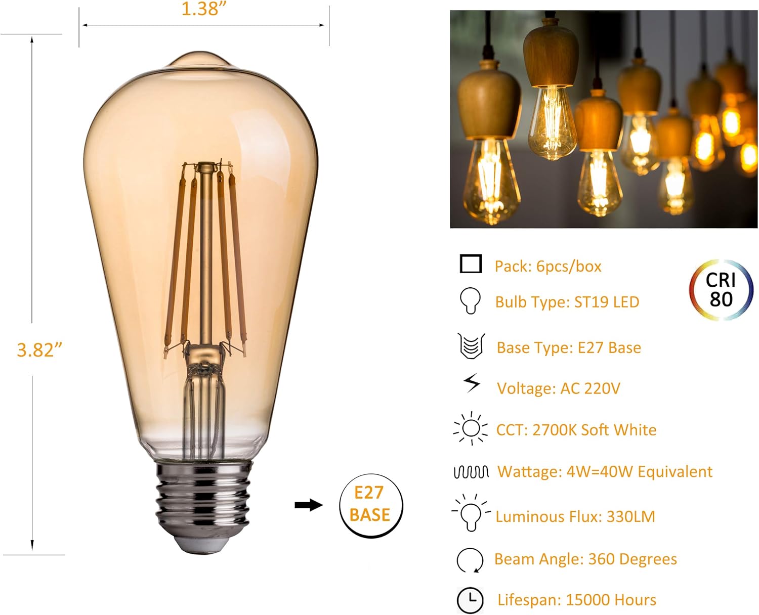 FLSNT LED Edison Bulb,ST58 Vintage Filament Light Bulb 4W(40W ...