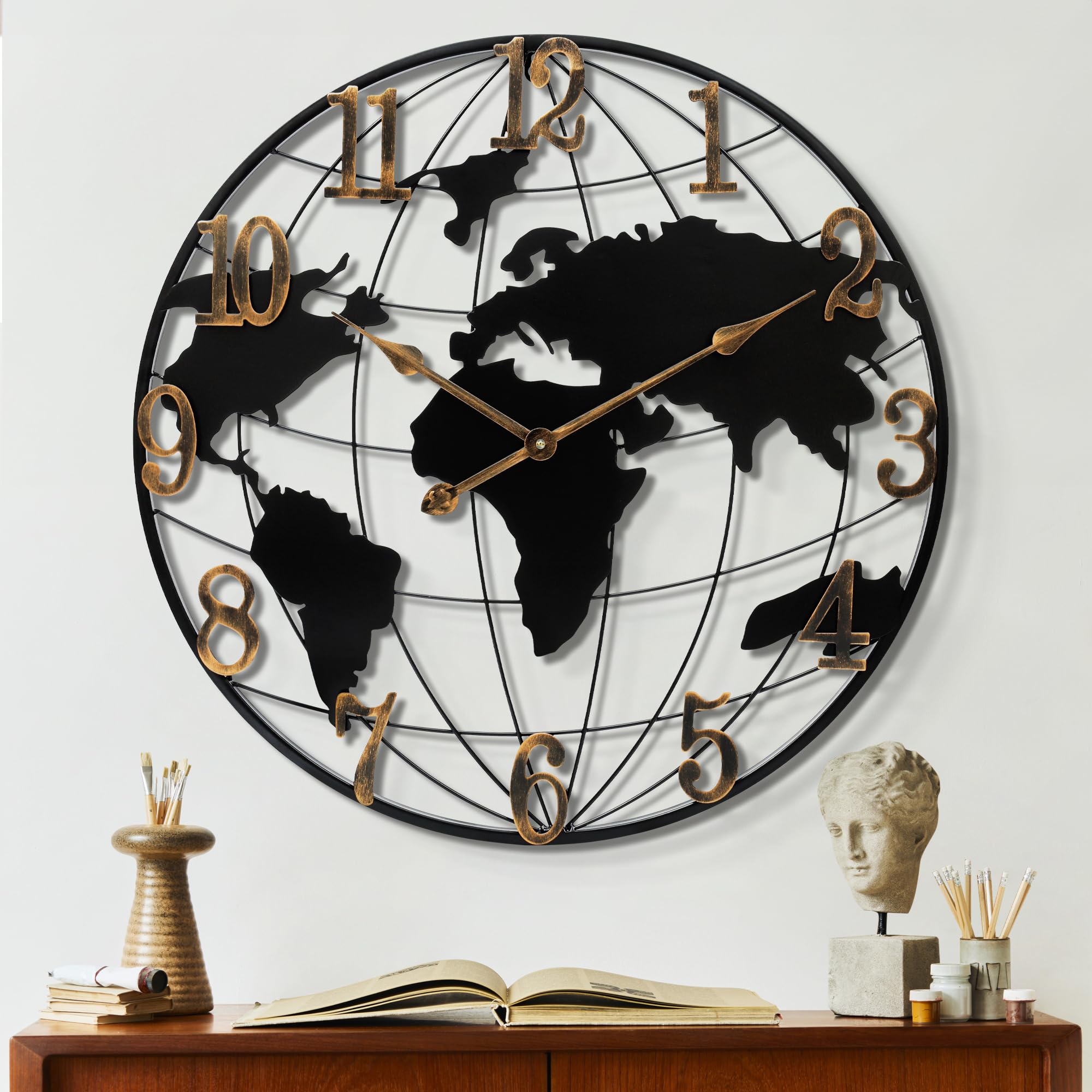 Mee 2ou Large Wall Clock - 20 Inch World Map Minimalist Modern Wall ...
