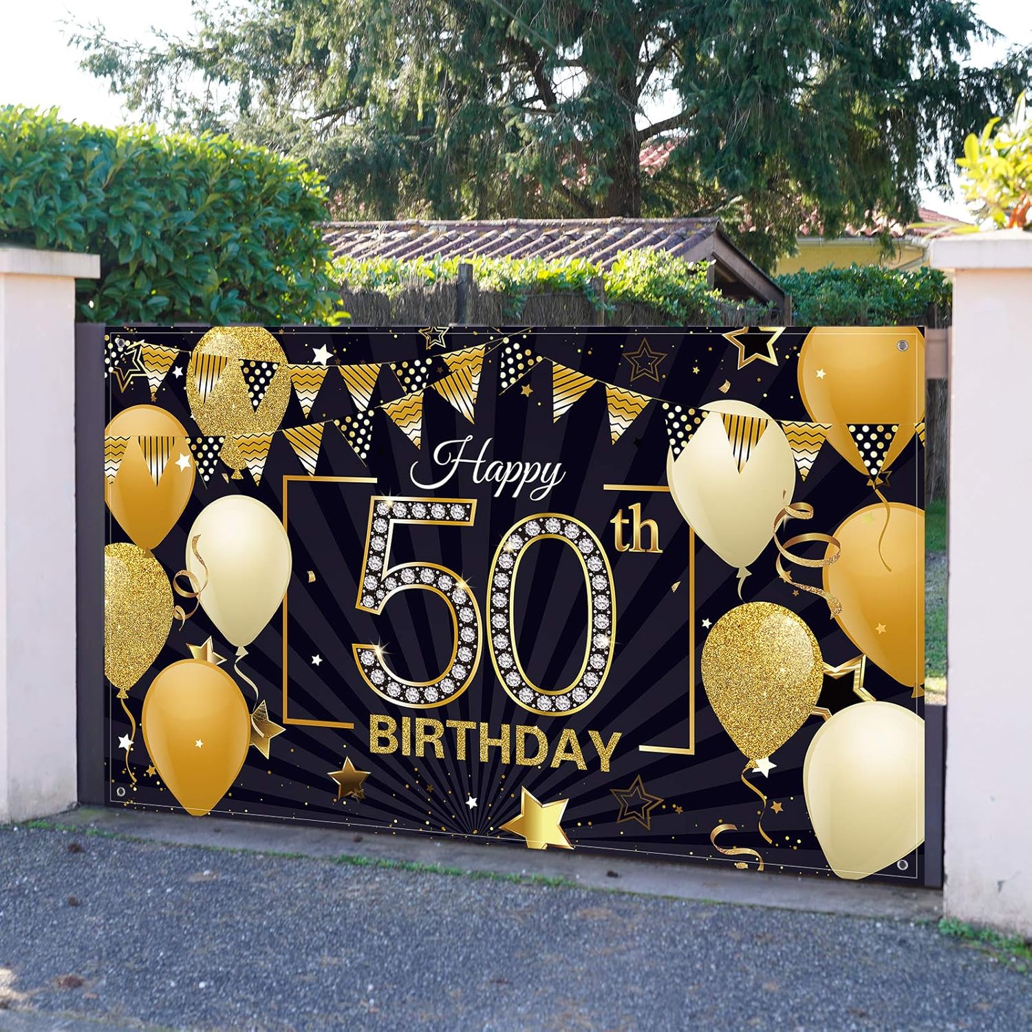 Happy 50th Birthday Backdrop Large Fabric Black Gold 50th Anniversary ...