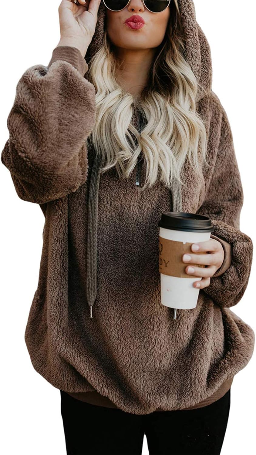Zando Womens Girls Furry Hoodies Winter Fashion Casual Pullover Hoodie ...