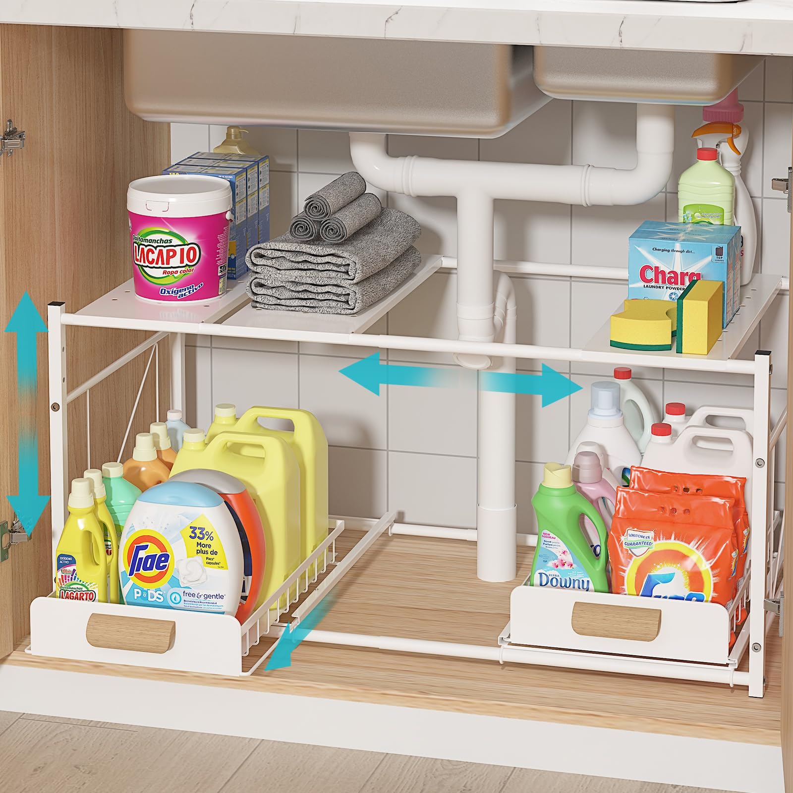 REALINN Extendable Under Sink Organizer, 2 Tier Expandable Under ...