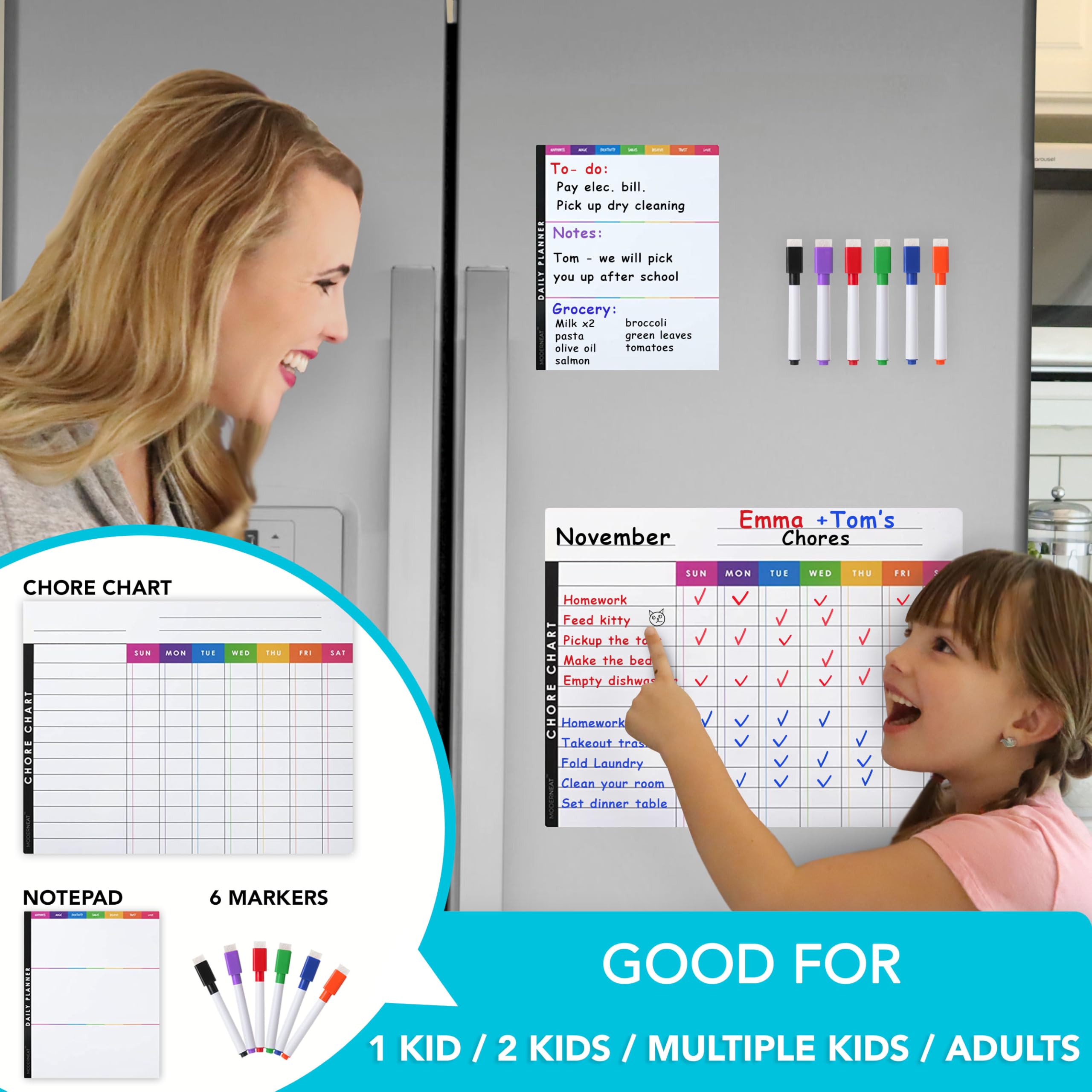 Magnetic Chore Chart Dry Erase Whiteboard Set - Pocket Charts For Multiple Kids, Teens & Adults ...