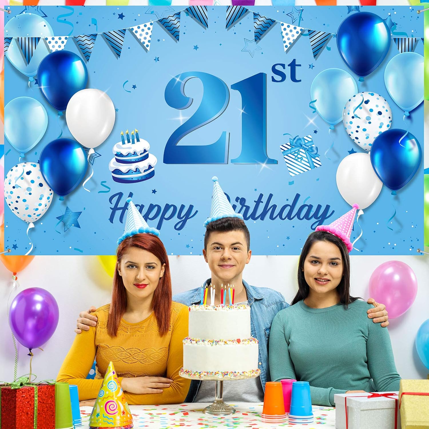 Happy 21st Birthday Backdrop Banner Extra Large Fabric Blue 21st ...