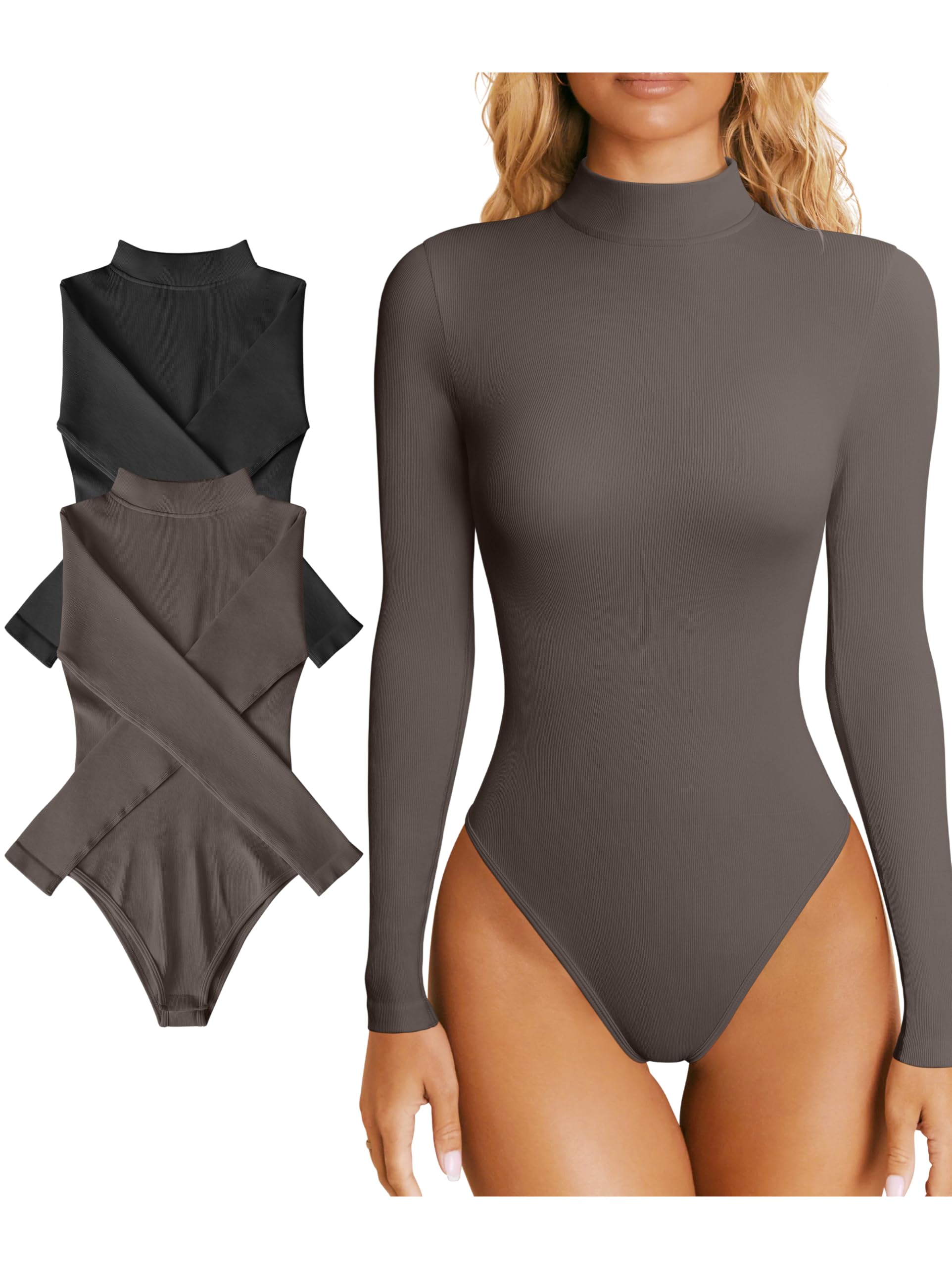 OQQ Women's 2 Piece Bodysuits Sexy Ribbed Turtle Neck Long Sleeve Tops Bodysuits Black Tea leaf ...