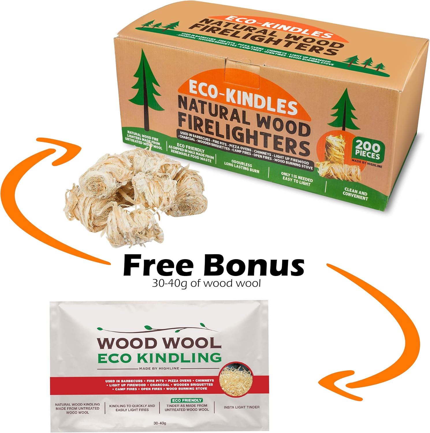 ECO-KINDLES NATURAL WOOD FIRELIGHTERS – 200 Fire Starter Eco Friendly ...
