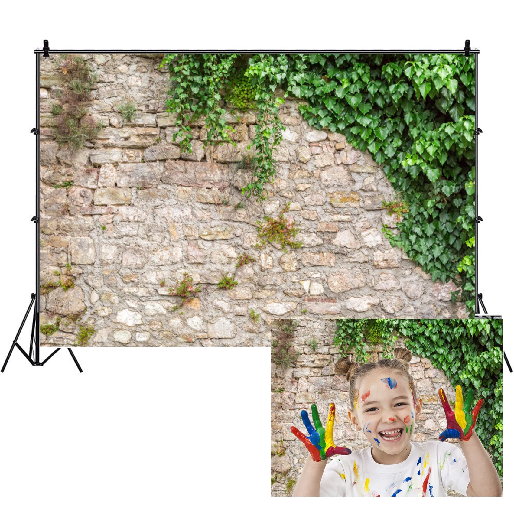 7x5ft Rustic Rock Brick Wall Backdrop Spring Garden Plants Stone Wall ...