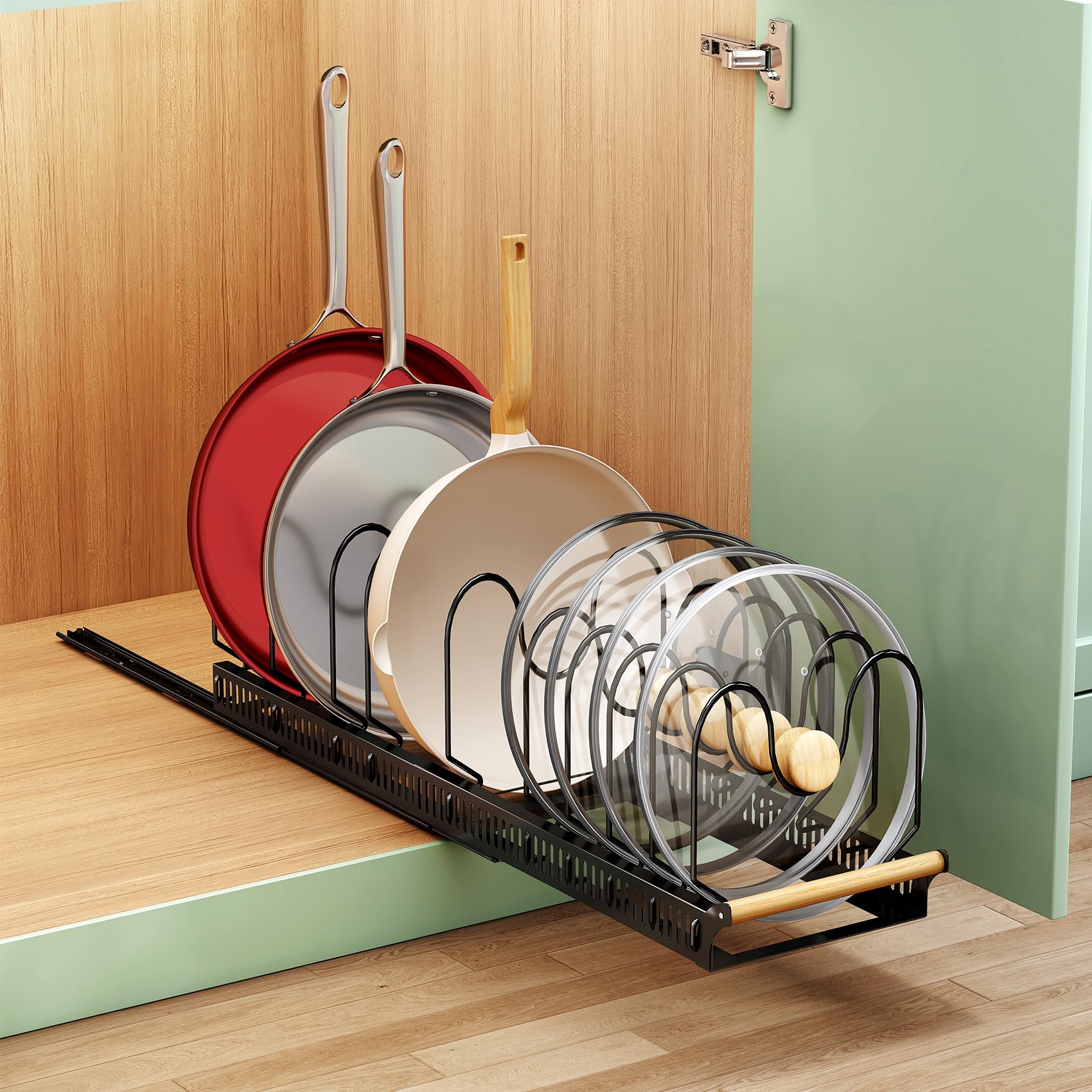 Pots and Pans Organizer for Under Cabinet, Pull out Pan Organizers Rack ...
