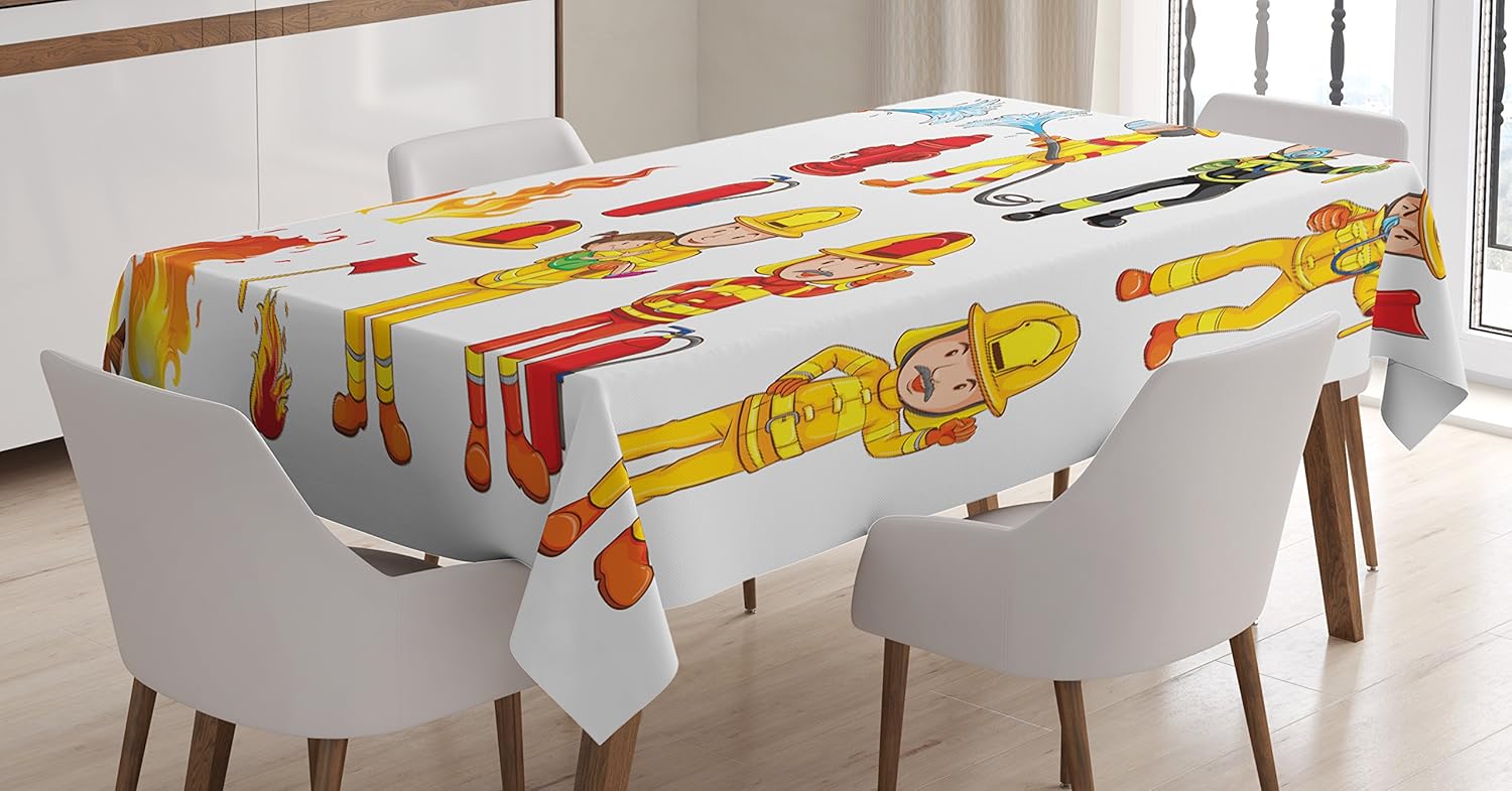 Amazon.com: Lunarable Fireman Tablecloth, Colorful Firefighters with ...