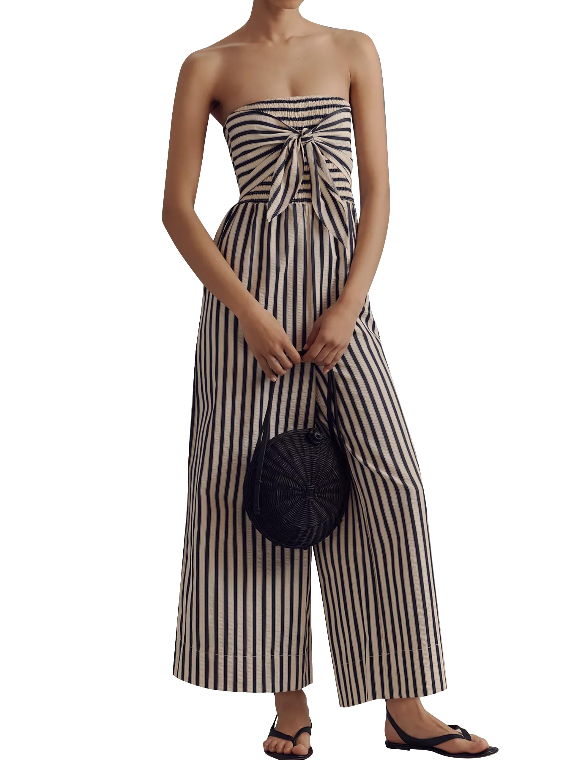 Anoumcy Strapless Tie Front Striped Jumpsuit Long Rompers for Women ...