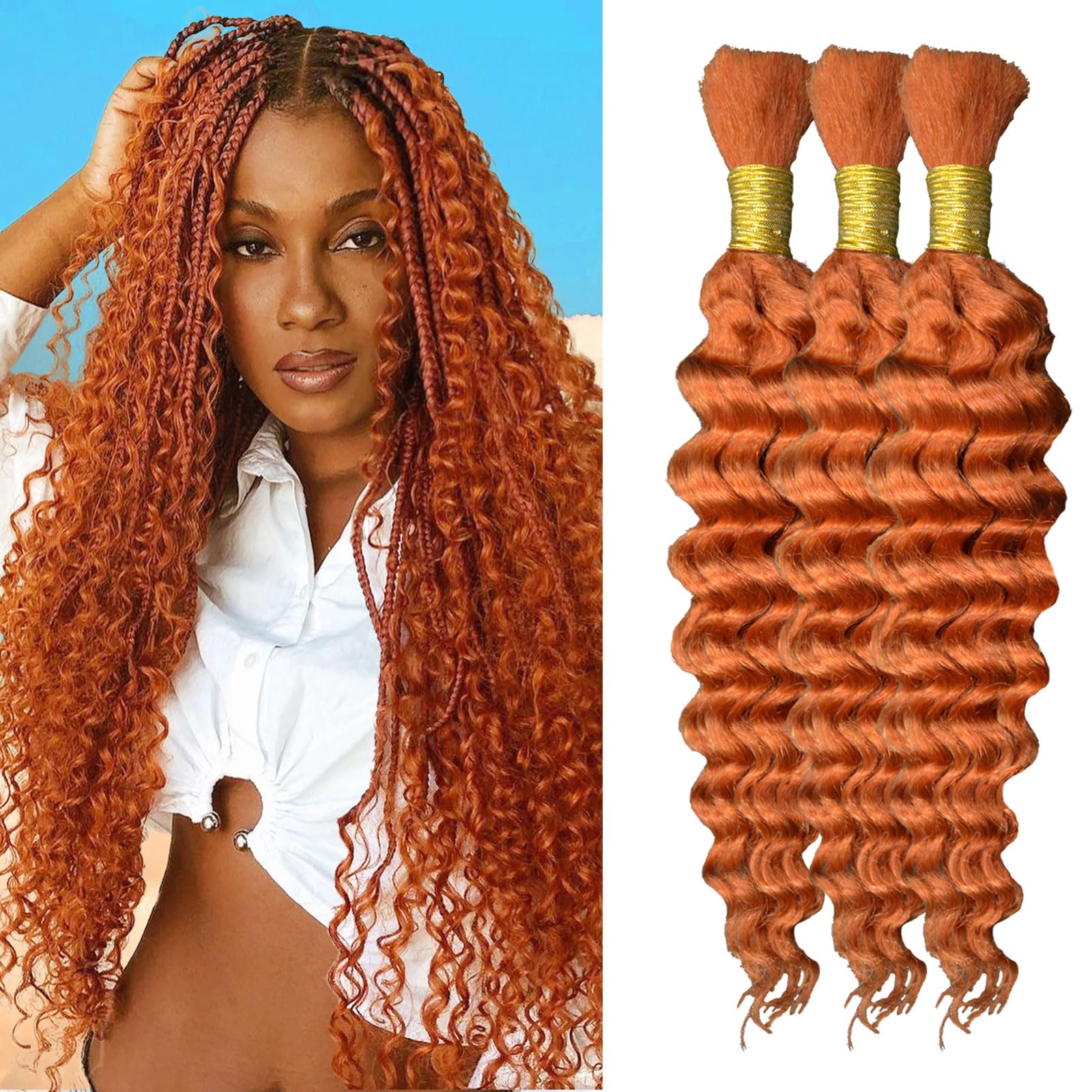 Eileen 350 ginger human braiding hair 18 Inch 150g 3 Bundles Deep Wave ...