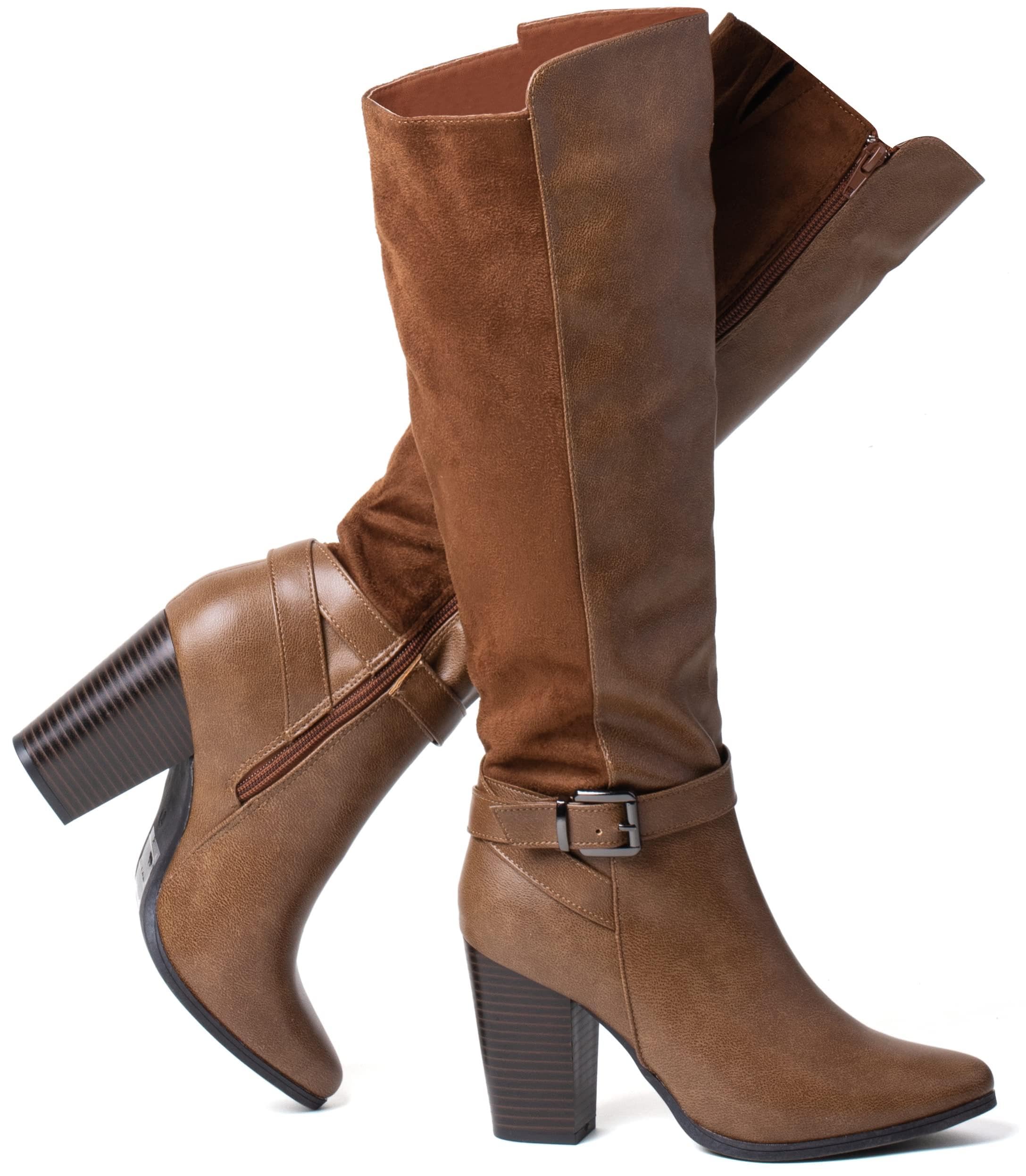 katliu Women's Heeled Knee High Boots Zip Up High Chunky Heeled Boots ...