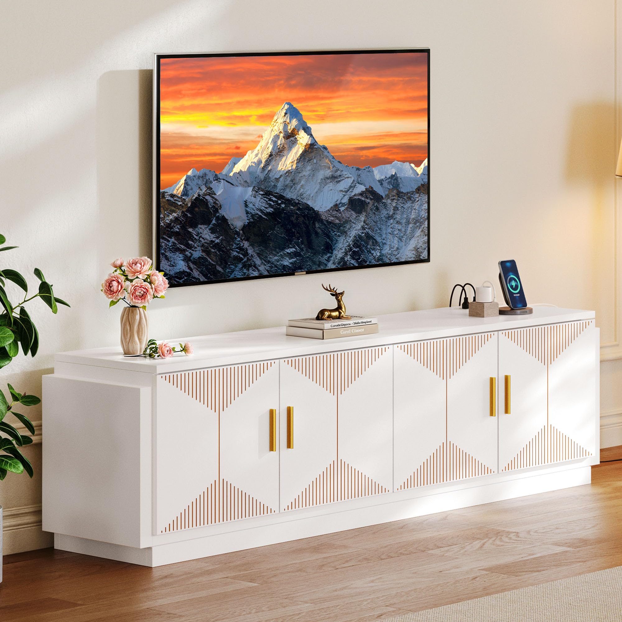 YITAHOME TV Stand, TV Stand for 75 inch TV w/Power Outlet, White TV ...