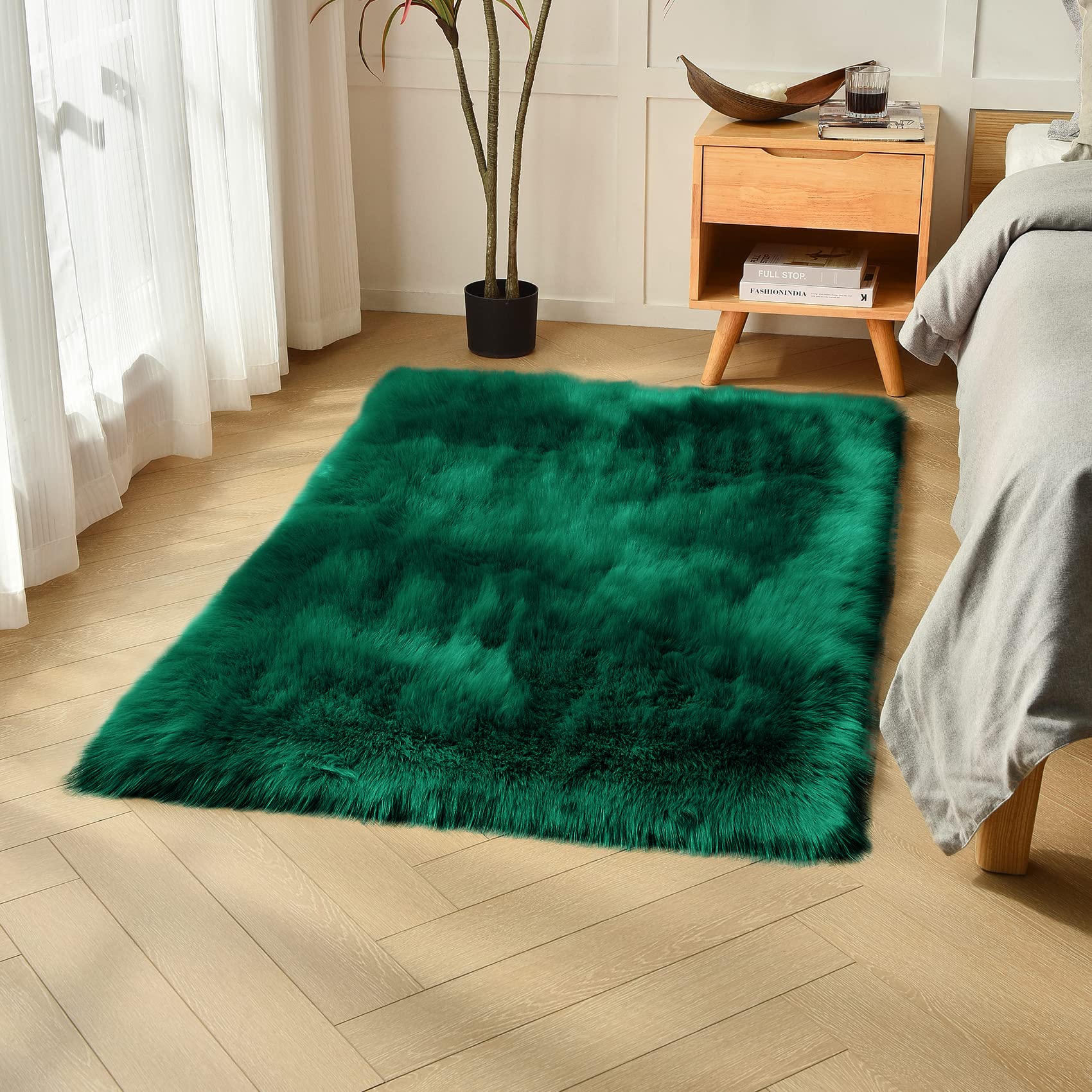 duduta Emerald Green Faux Fur Rug 3x5 ft, Fluffy Shag Rectangular ...
