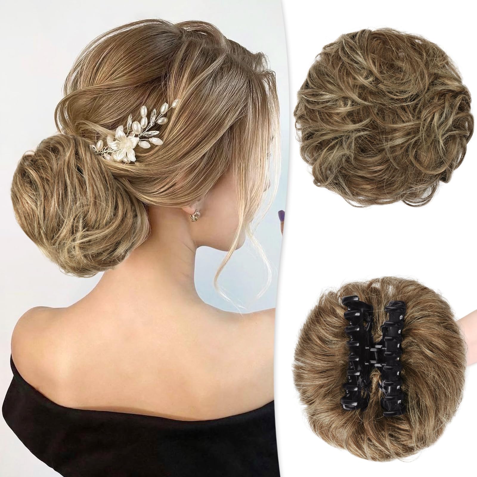 RUWISS Claw Clip Messy Bun Hair Piece Real Human Hair Buns Wavy Curly ...