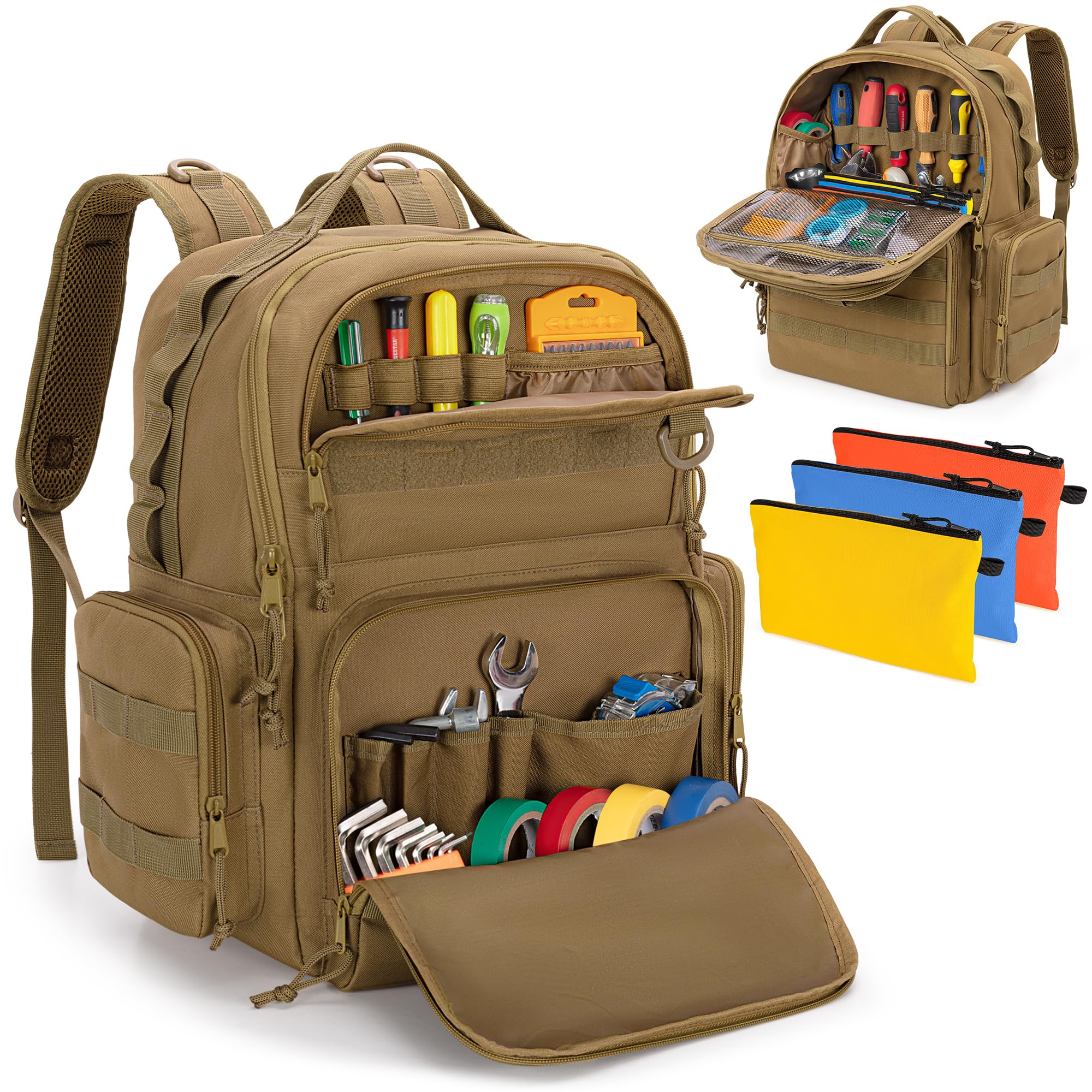 Rexmica Tool Bag Backpack for Men with 3 Tool Pouches, Heavy-Duty Tool ...