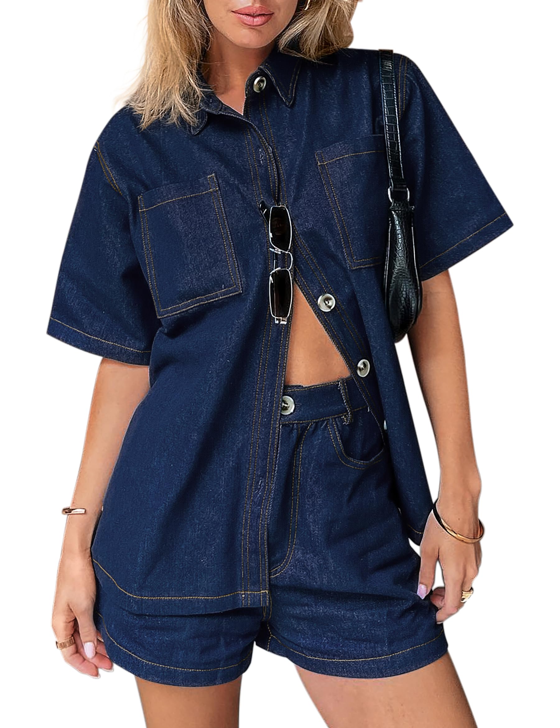 Womens Denim Set Casual Short Sleeve Denim Top and jeans Shorts Lounge ...