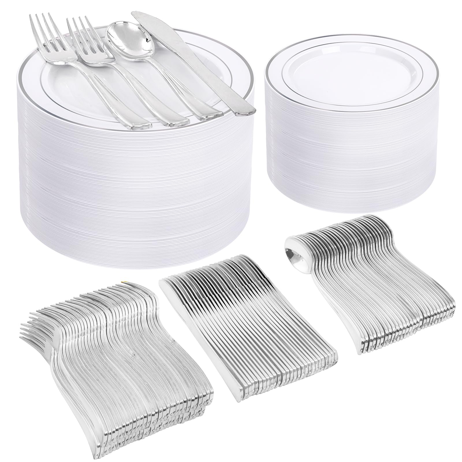 I00000 600pcs Silver Dinnerware Set for 100 Guests, Silver Plastic ...